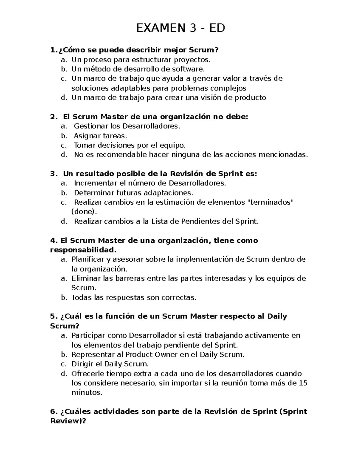 Cuestionario Scrum Master Examen 3 - Preguntas y Respuestas - Studocu