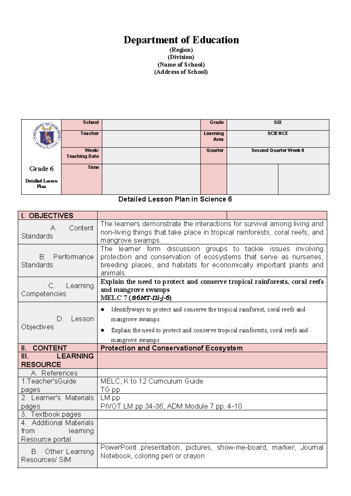 Detailed Lesson Plan for Grade 6 Science: Ecosystem Conservation (2nd ...