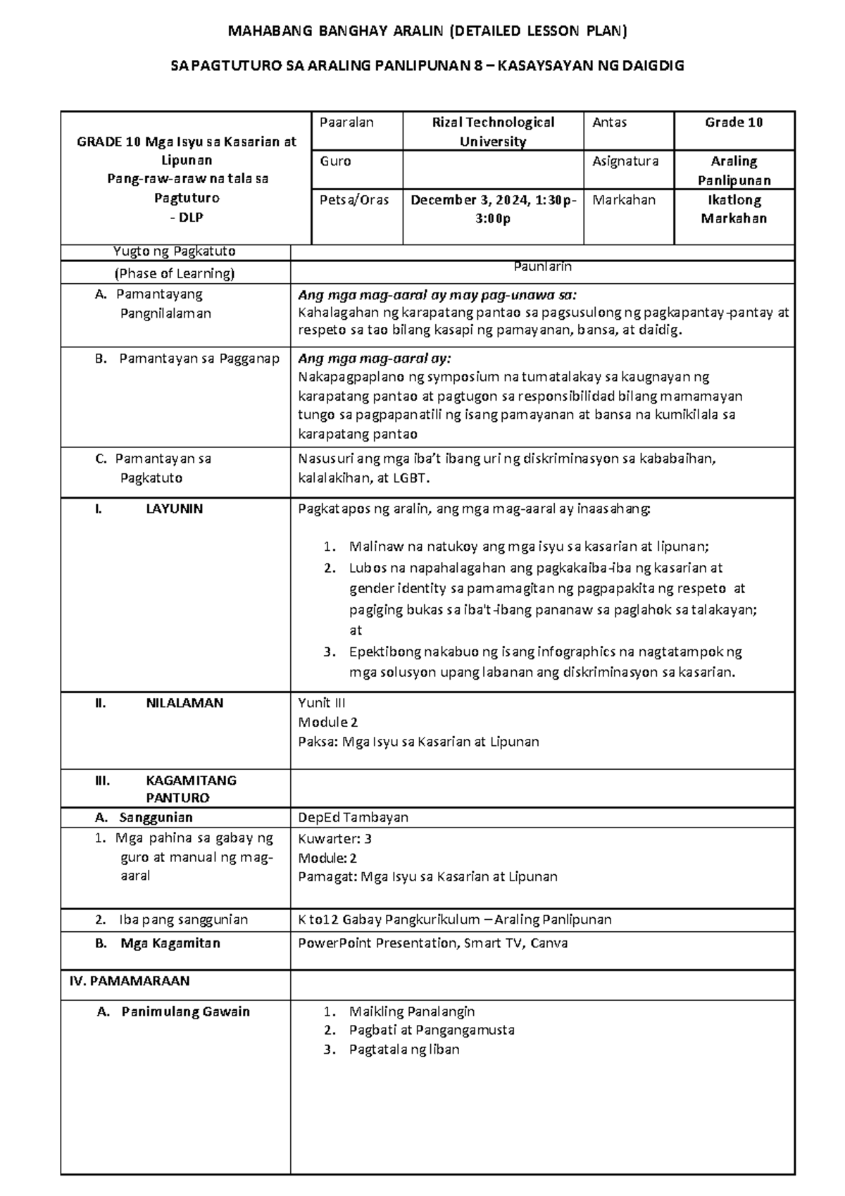 GRP4 Detailed Lesson Plan on Gender Issues in Social Studies 8 - Studocu