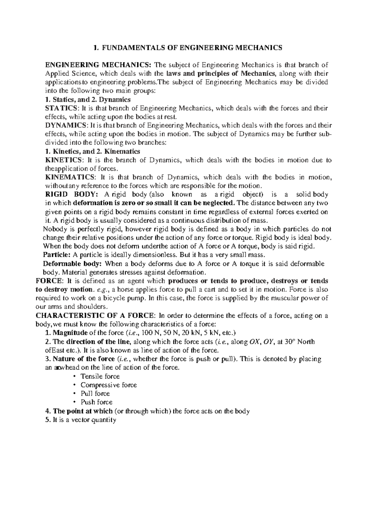 ENGR 101: Unit 1 Mechanics Notes - Fundamentals of Engineering ...