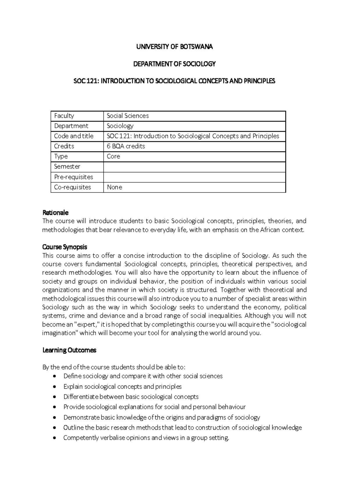 SOC 121 Course Outline: Intro to Sociological Concepts & Principles - Studocu