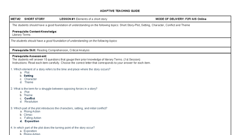 ADAPTIVE TEACHING GUIDE: SHORT STORY ELEMENTS (ENG 101) - Studocu