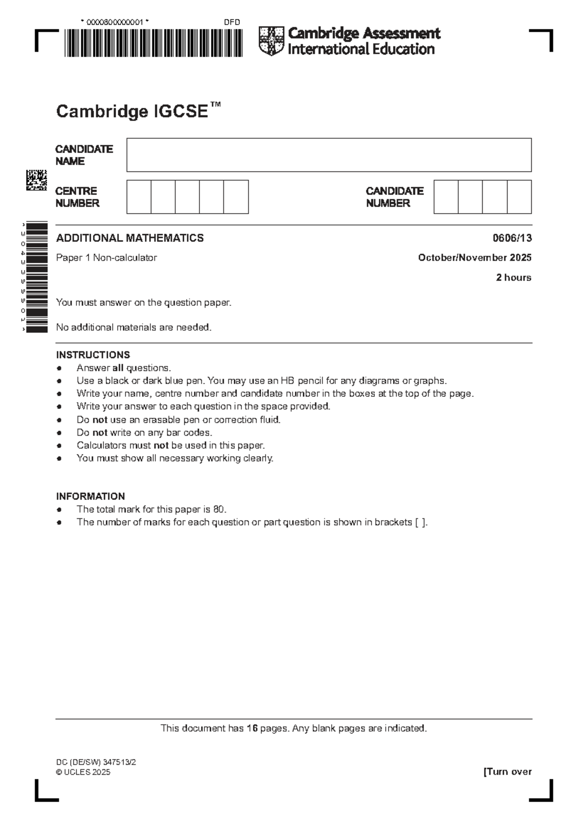 0606/13 Additional Mathematics Paper 1 Exam 2025 - Studocu