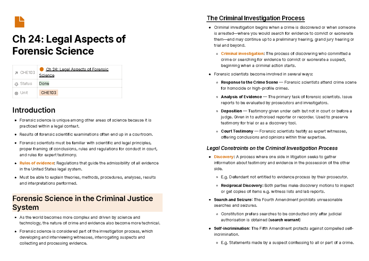 CHE103 Ch 24: Legal Aspects of Forensic Science Overview - Studocu