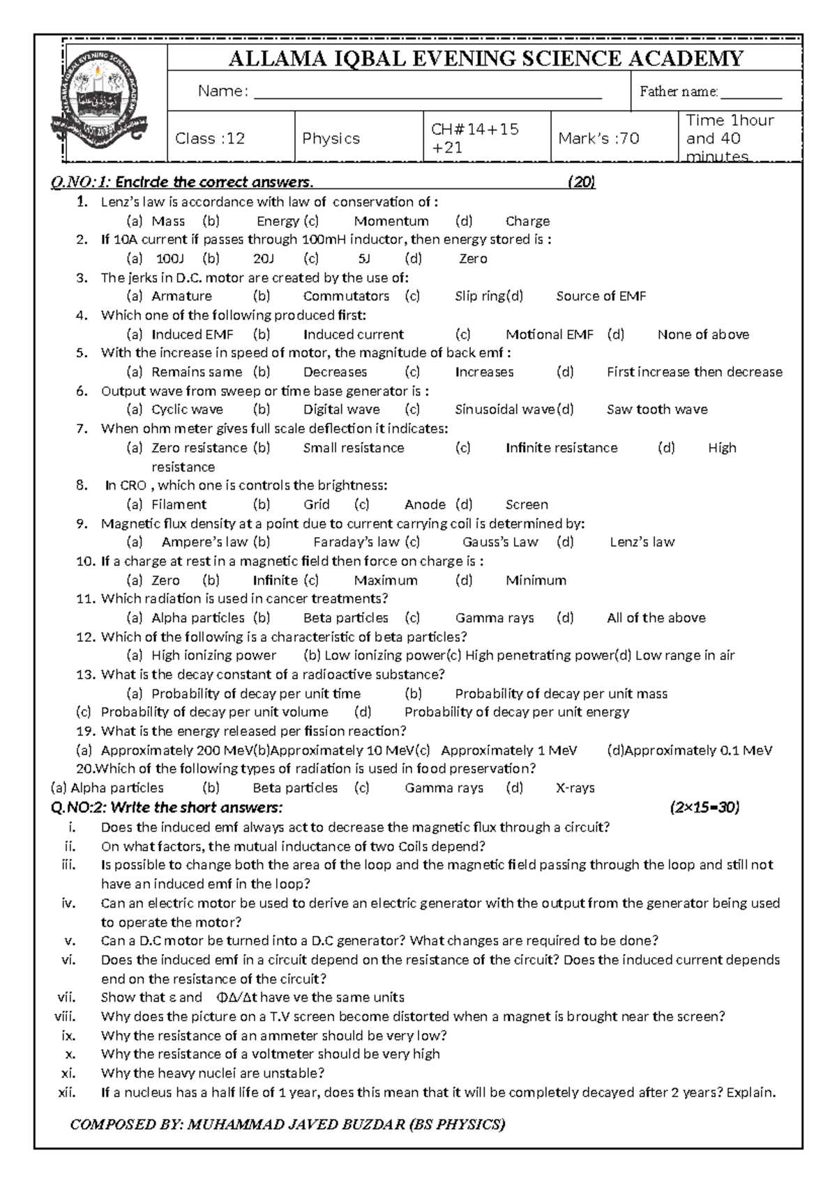 12th Class Physics Quiz (Chapters 14-15) - Allama Iqbal Academy - Studocu