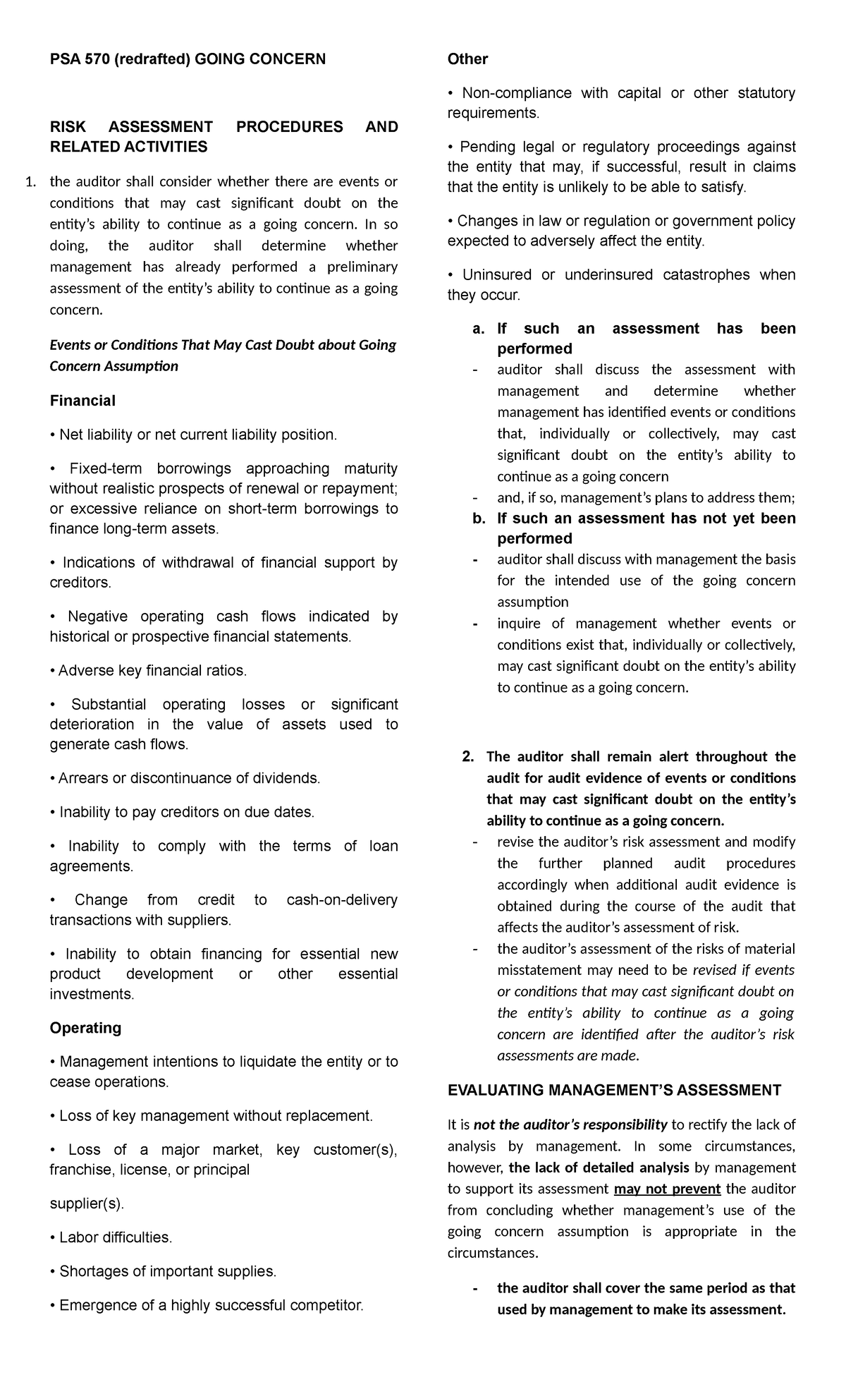 Audit 2: Going Concern Considerations and Risk Assessments - Studocu