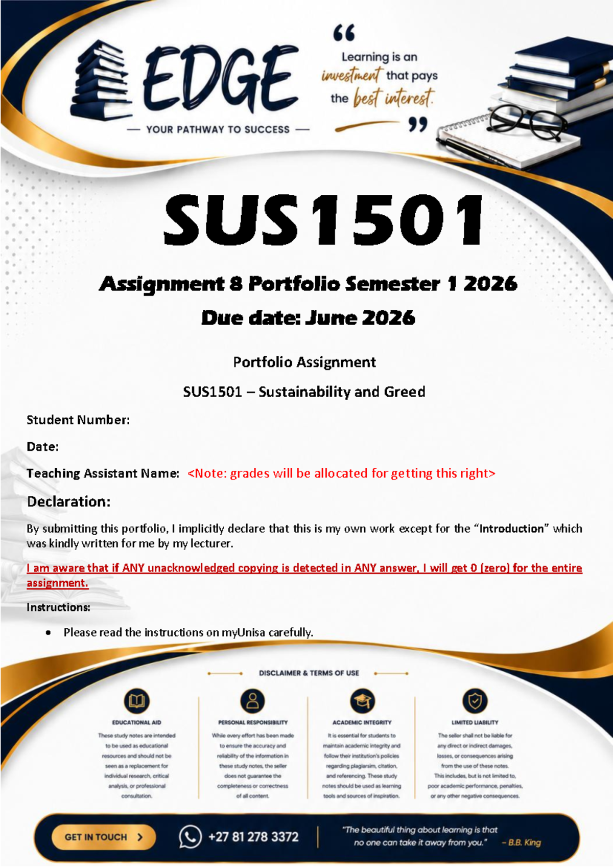 SUS1501 Assignment 8 Portfolio Memo: Reflections on Sustainability ...