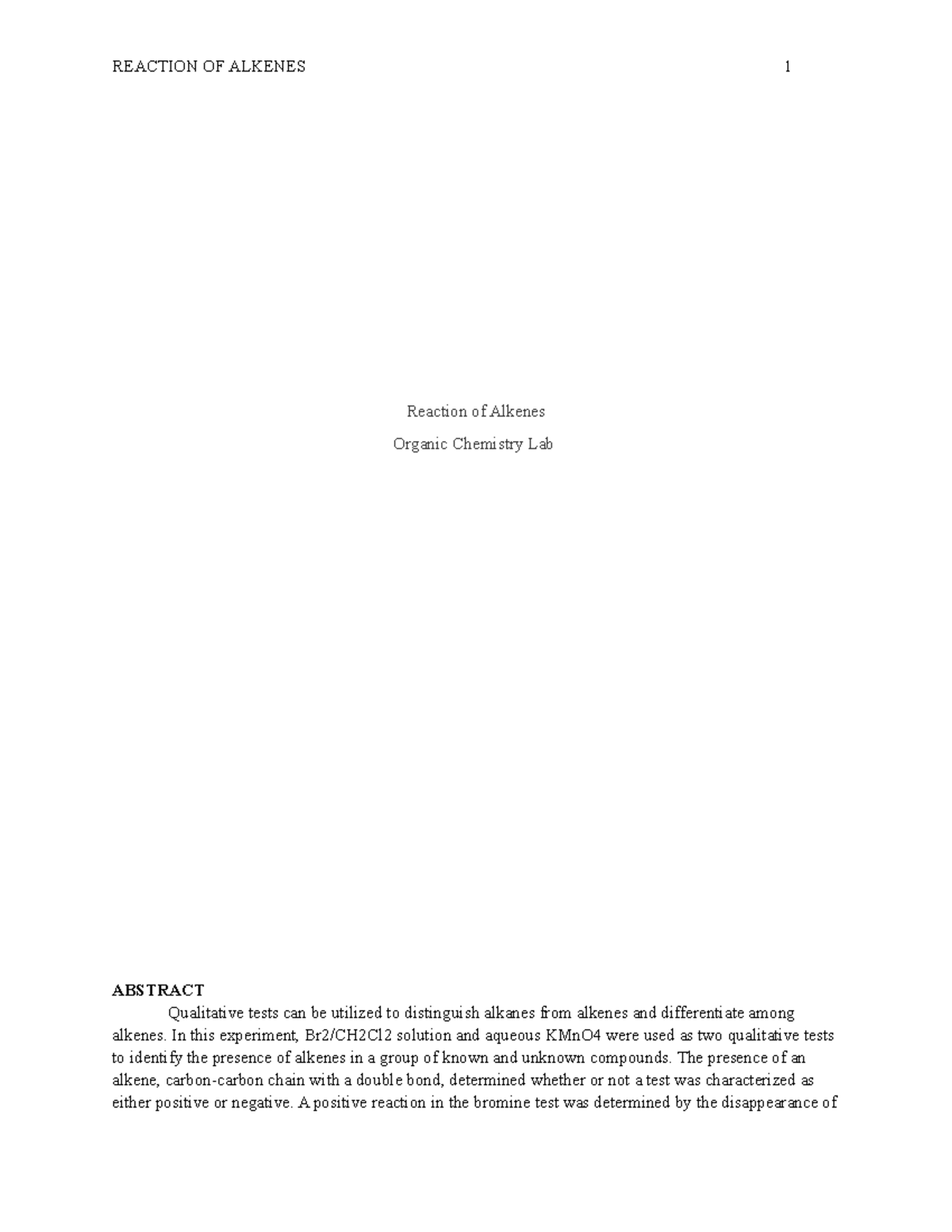 Organic Chemistry Lab: Alkene Identification Report (OCL 2023) - Studocu