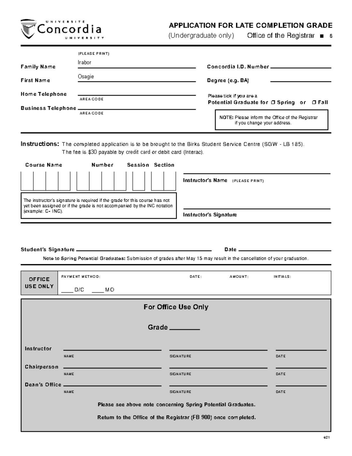 Application for Late Completion Grade (Undergrad) - FB 900 - Studocu