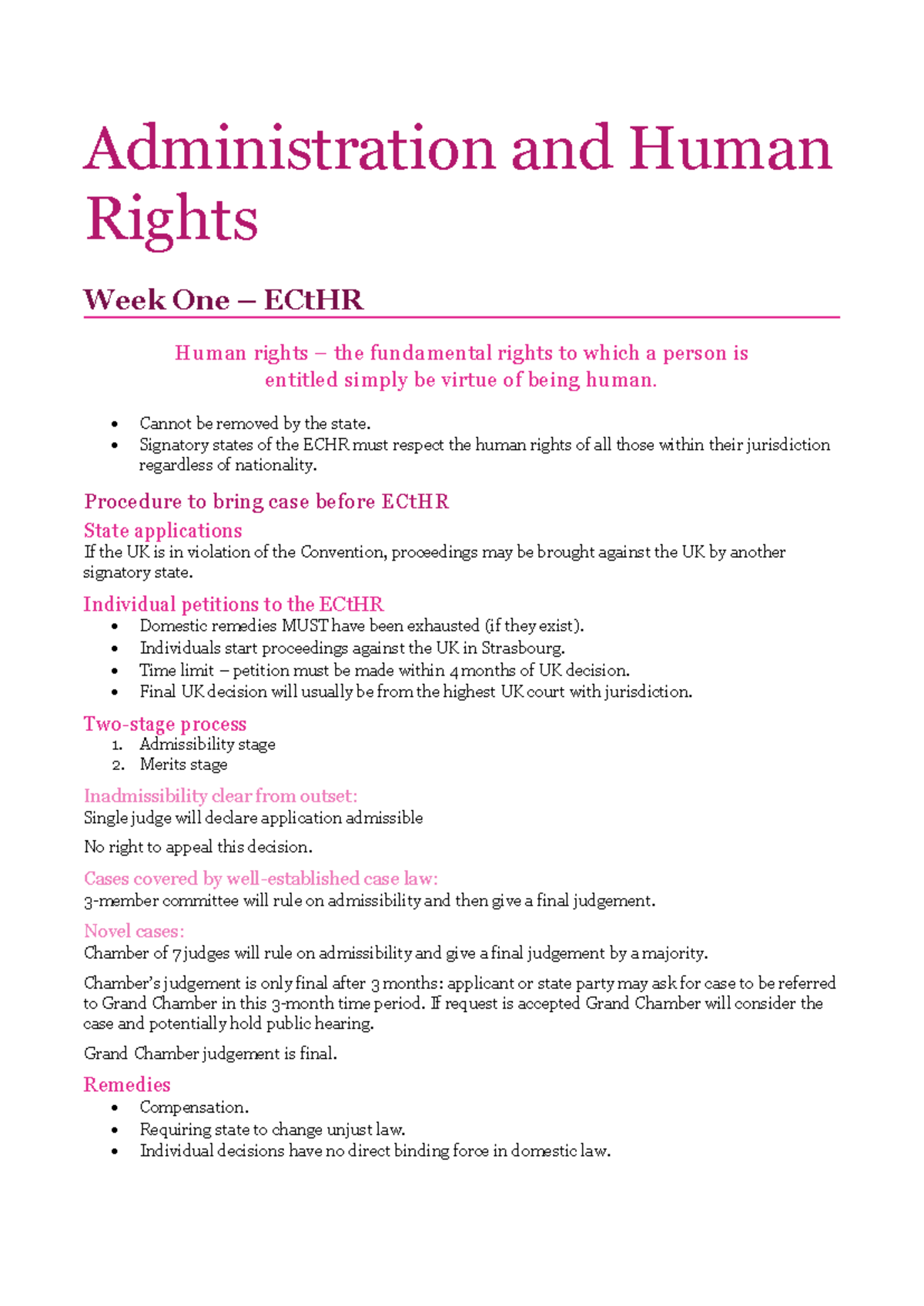 Administration and Human Rights: Week 1 Overview of ECtHR Principles ...