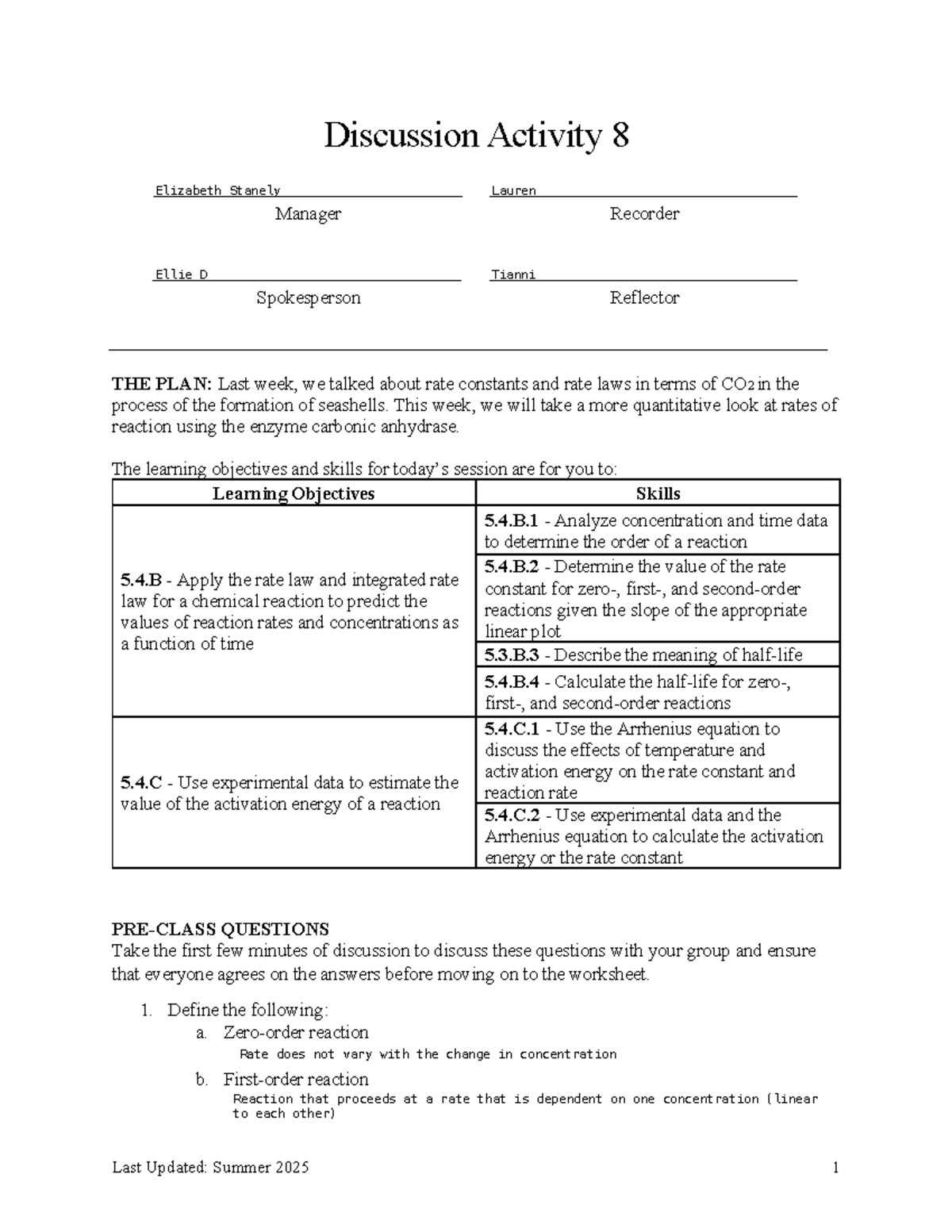 Discussion Activity 08: Analyzing Reaction Rates with Carbonic ...