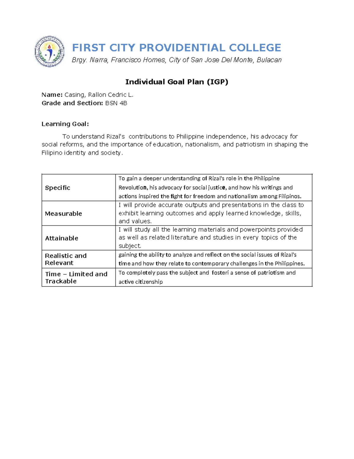 BSN 4B INS-IGP: Individual Goal Plan for Philippine Independence Studies - Studocu