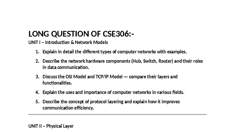 CSE306 Long Questions: Network Models & Layers Overview - Studocu