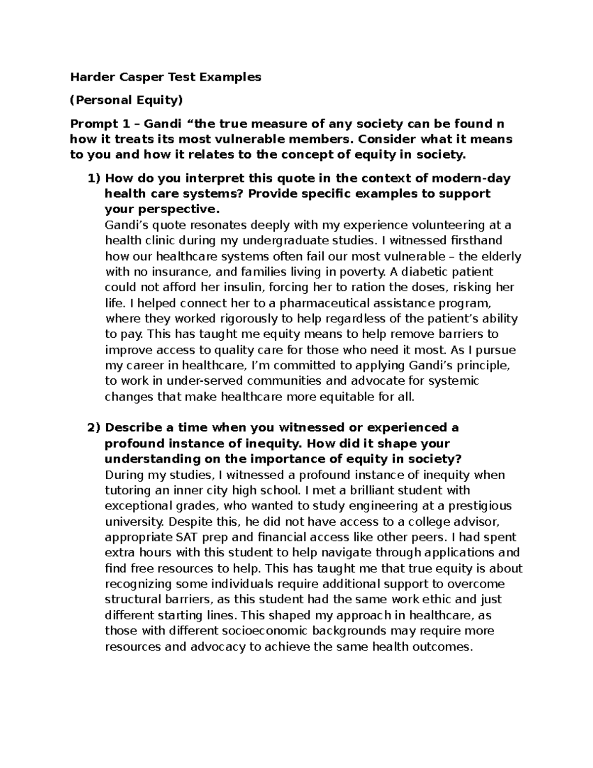 Harder Casper Test Examples (Personal Equity) - Insights and ...