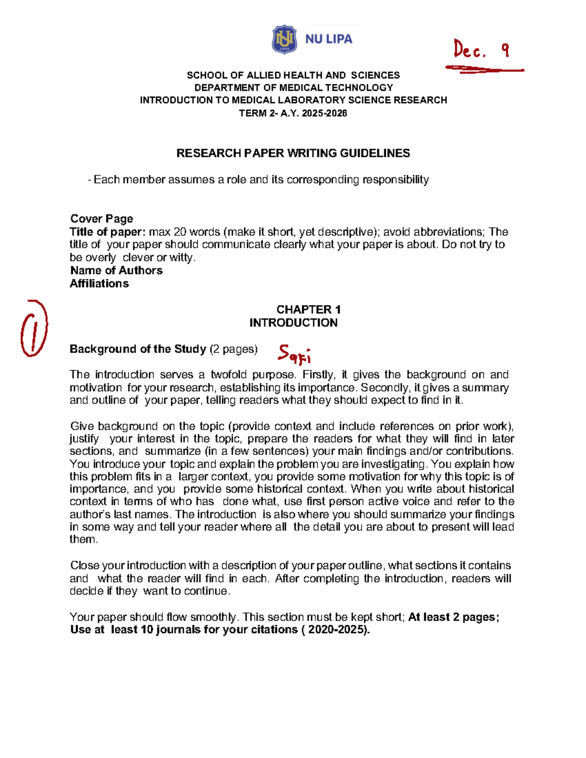 Research Paper Writing Guidelines for MEDT 101: Introduction to Medical ...