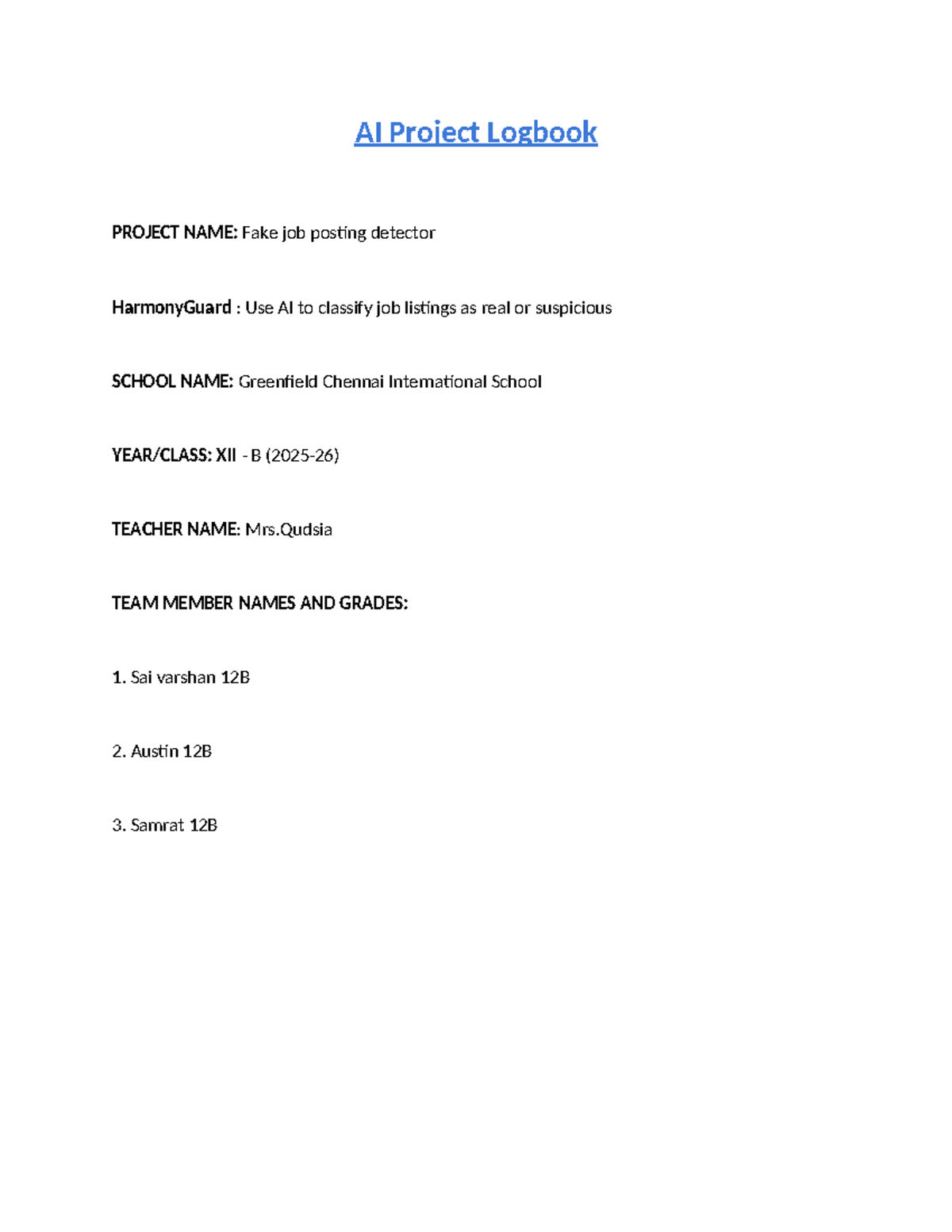 AI Project Logbook: Fake Job Posting Detector (XII B) - Studocu