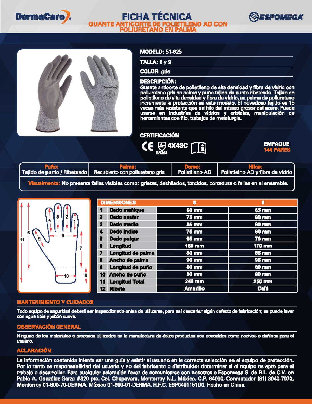 FT-51-625 Ficha Técnica: Guante Anticorte DermaCare Talla 8 y 9 - Studocu