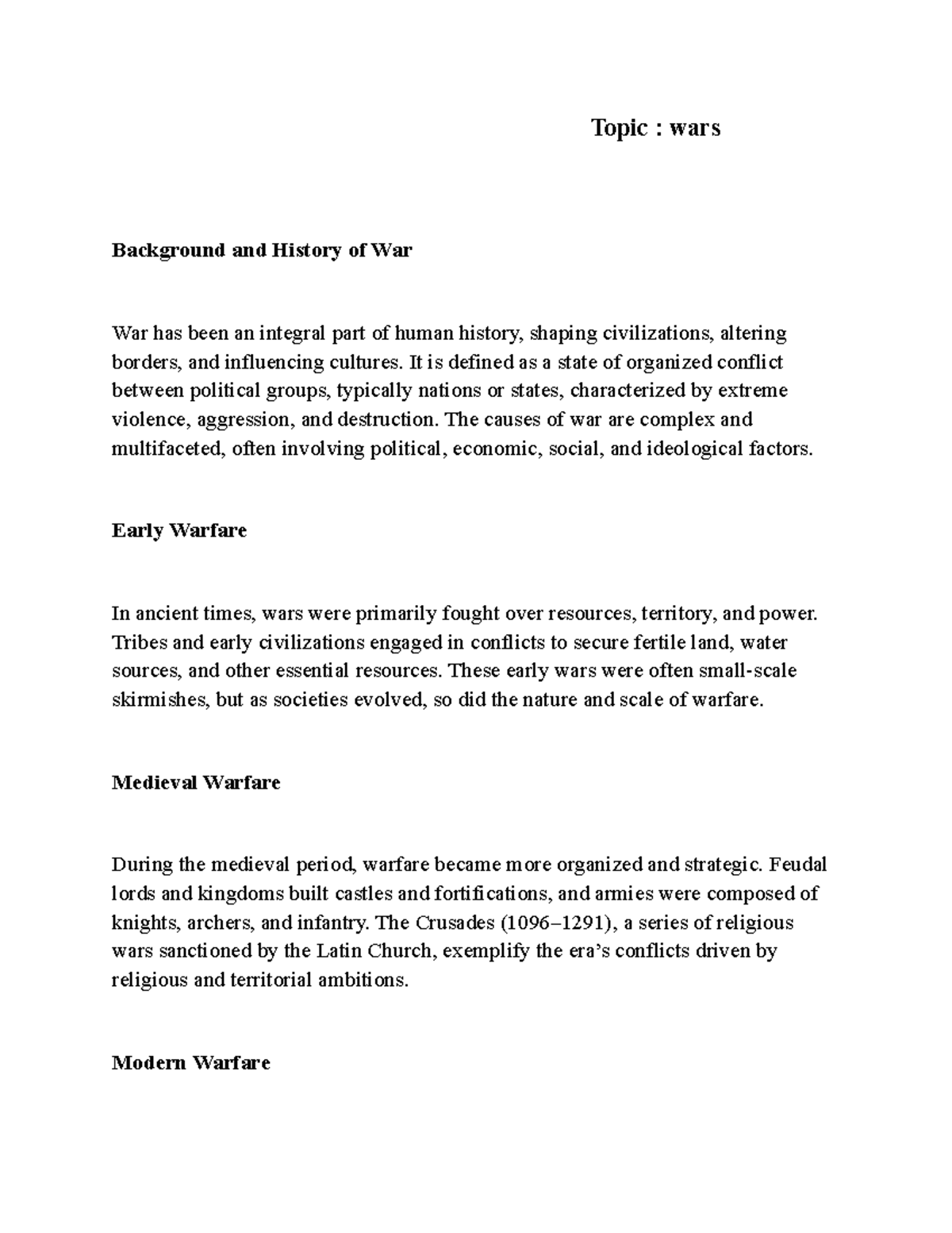 War - Detailed Notes on Historical Conflicts and Their Impact - Studocu