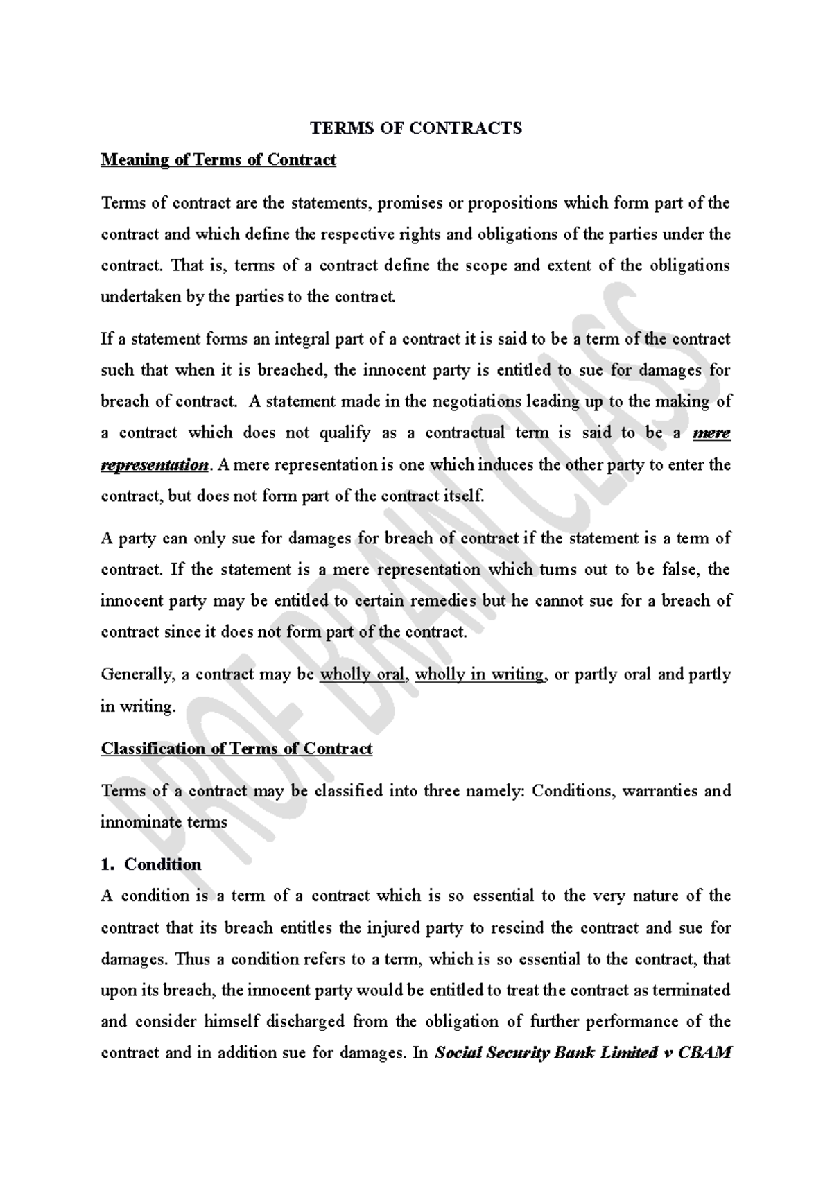 Summary Notes on Terms of Contract - Law 101 - Studocu