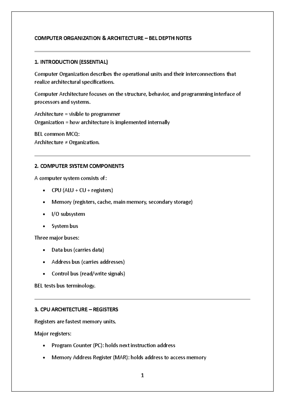 COA BEL Exam Depth Notes: Computer Organization & Architecture - Studocu