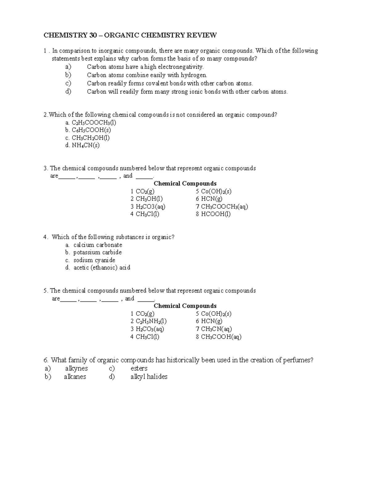 Chemistry 30 – Organic Chemistry Comprehensive Review with Answer Key ...