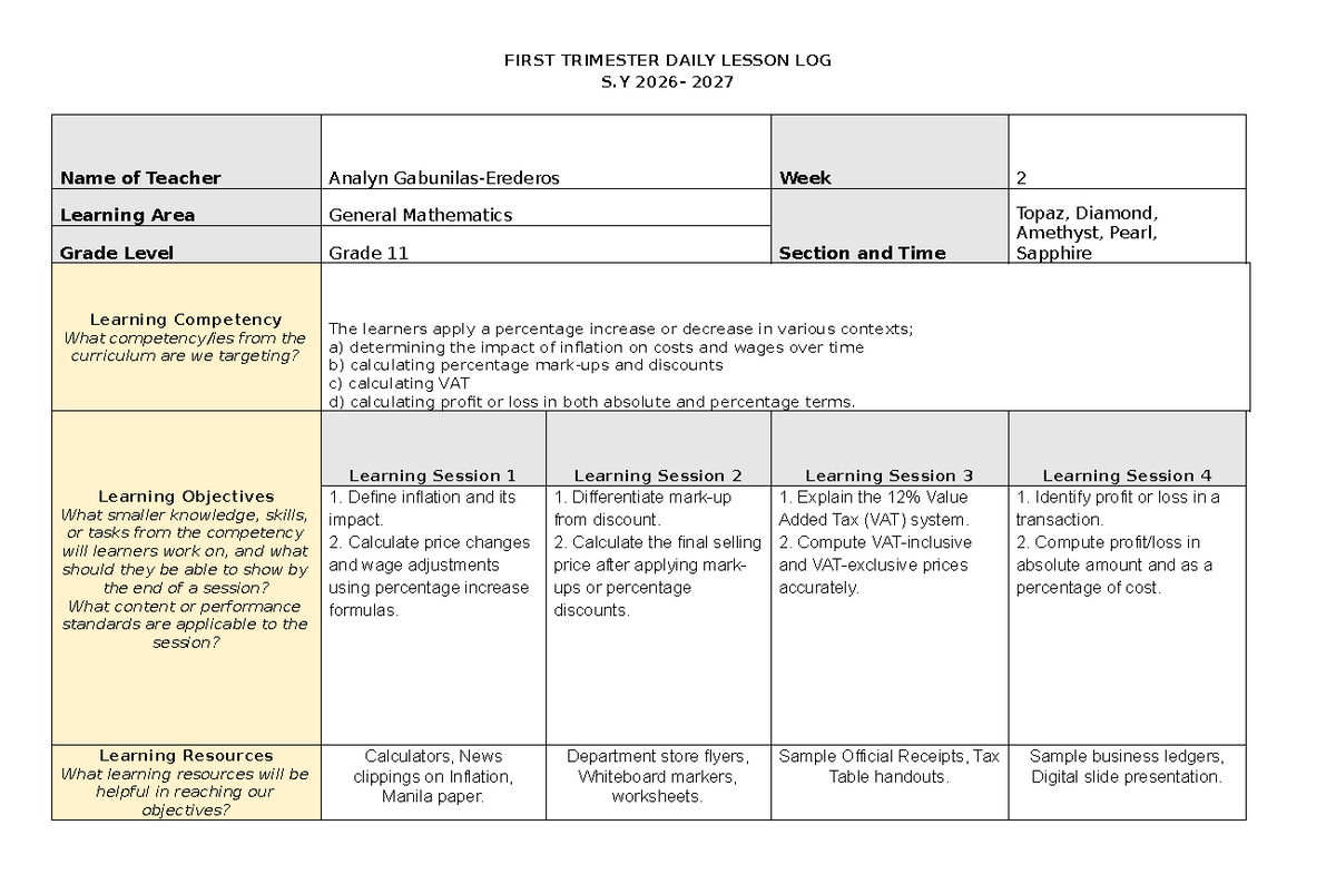 Grade 11 General Mathematics Lesson Plan: Week 2 Activities - Studocu