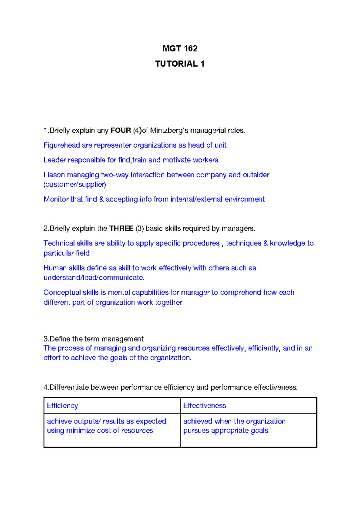 MGT 162 Tutorial 1: Managerial roles, skills, and management concepts ...
