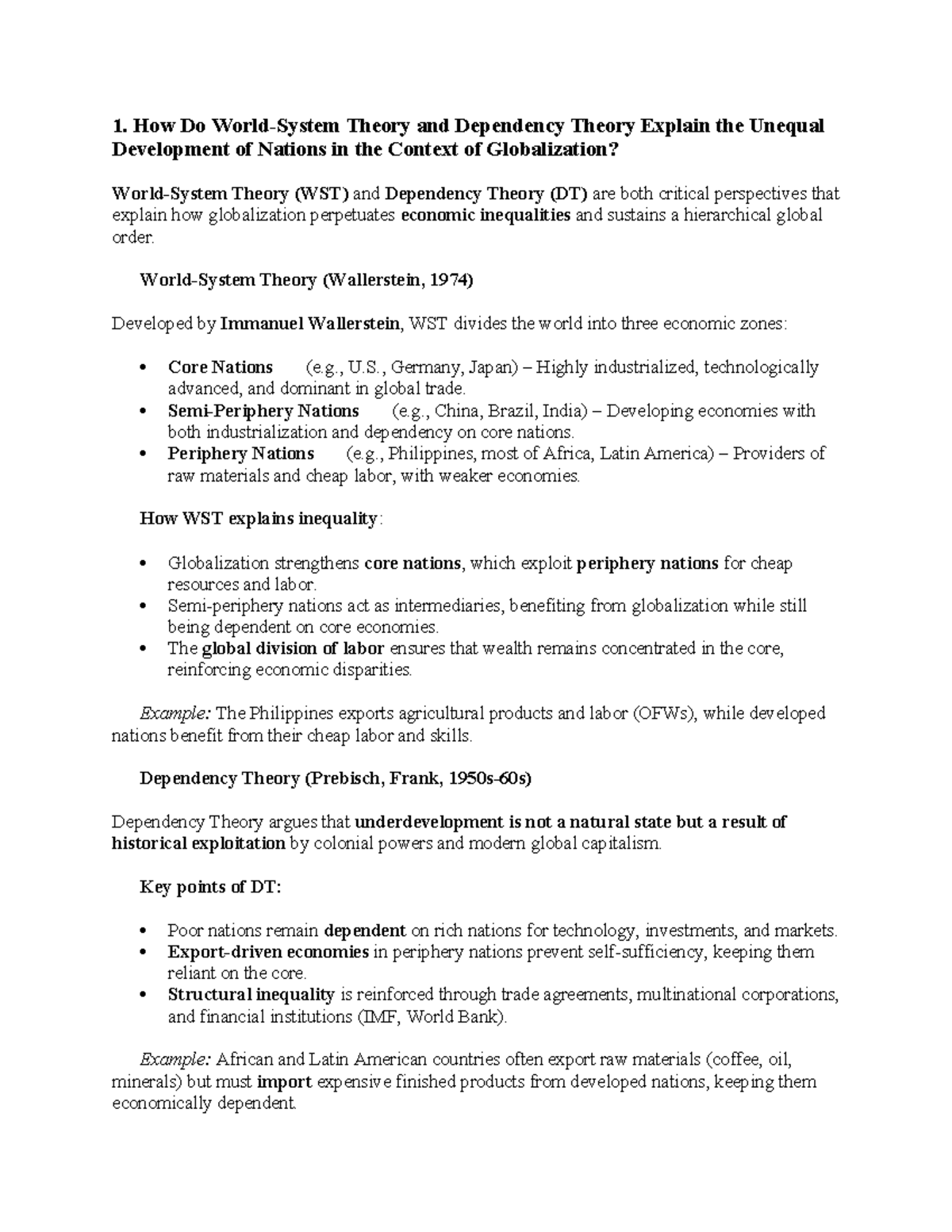 WST & DT: Theories Explaining Global Inequality in Globalization - Studocu