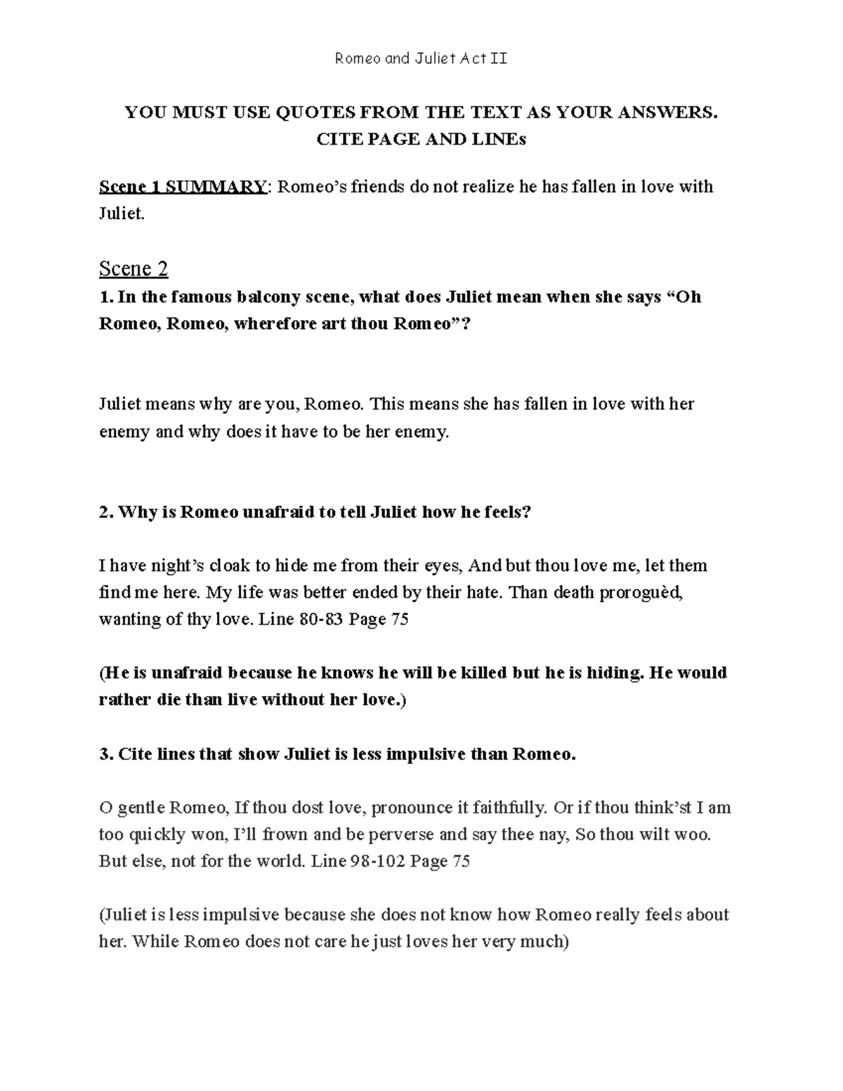 Romeo and Juliet Act II: Key Questions and Analysis - Studocu