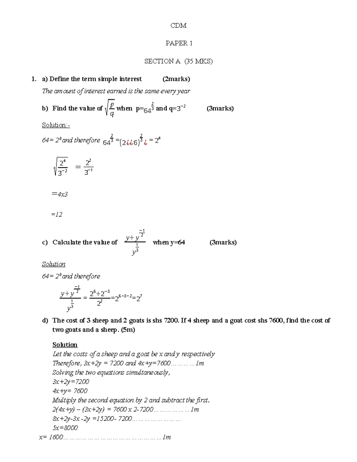 CDM MATH Paper 1 - Semester Exam Solutions and Questions - Studocu