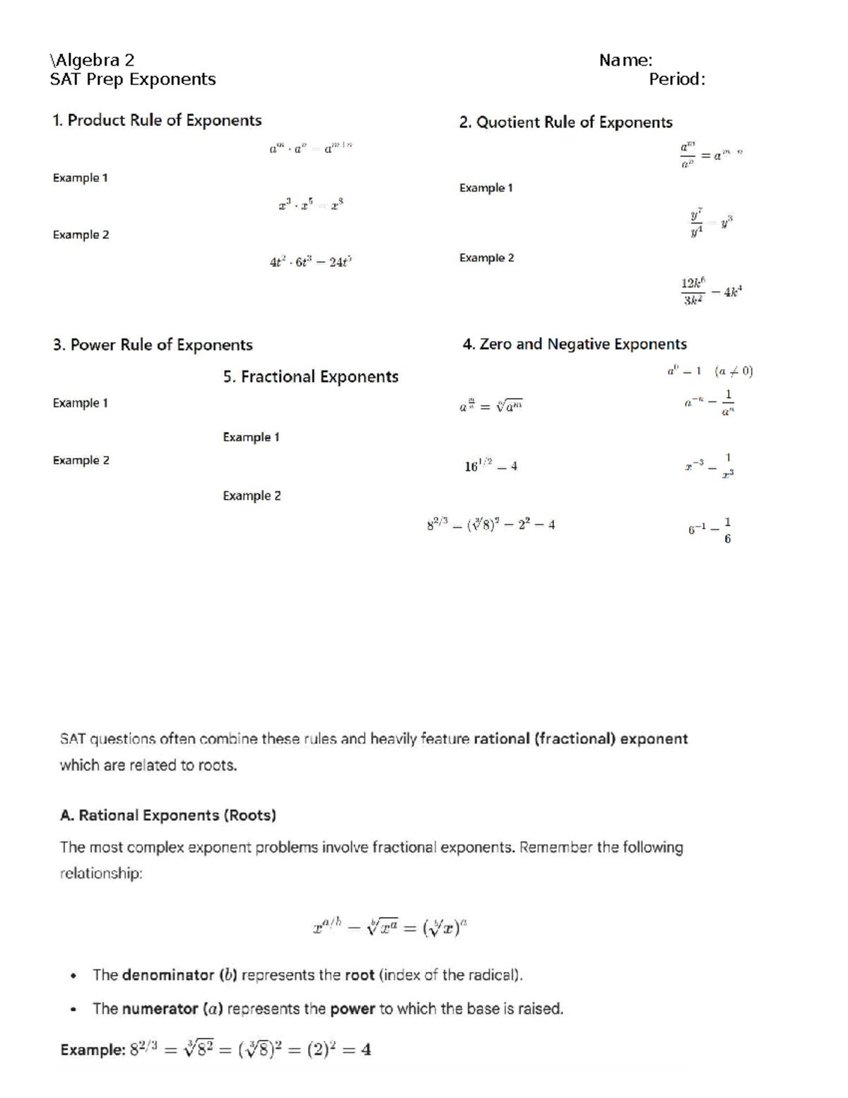 SAT Prep: Exponents Review Assignment - Studocu