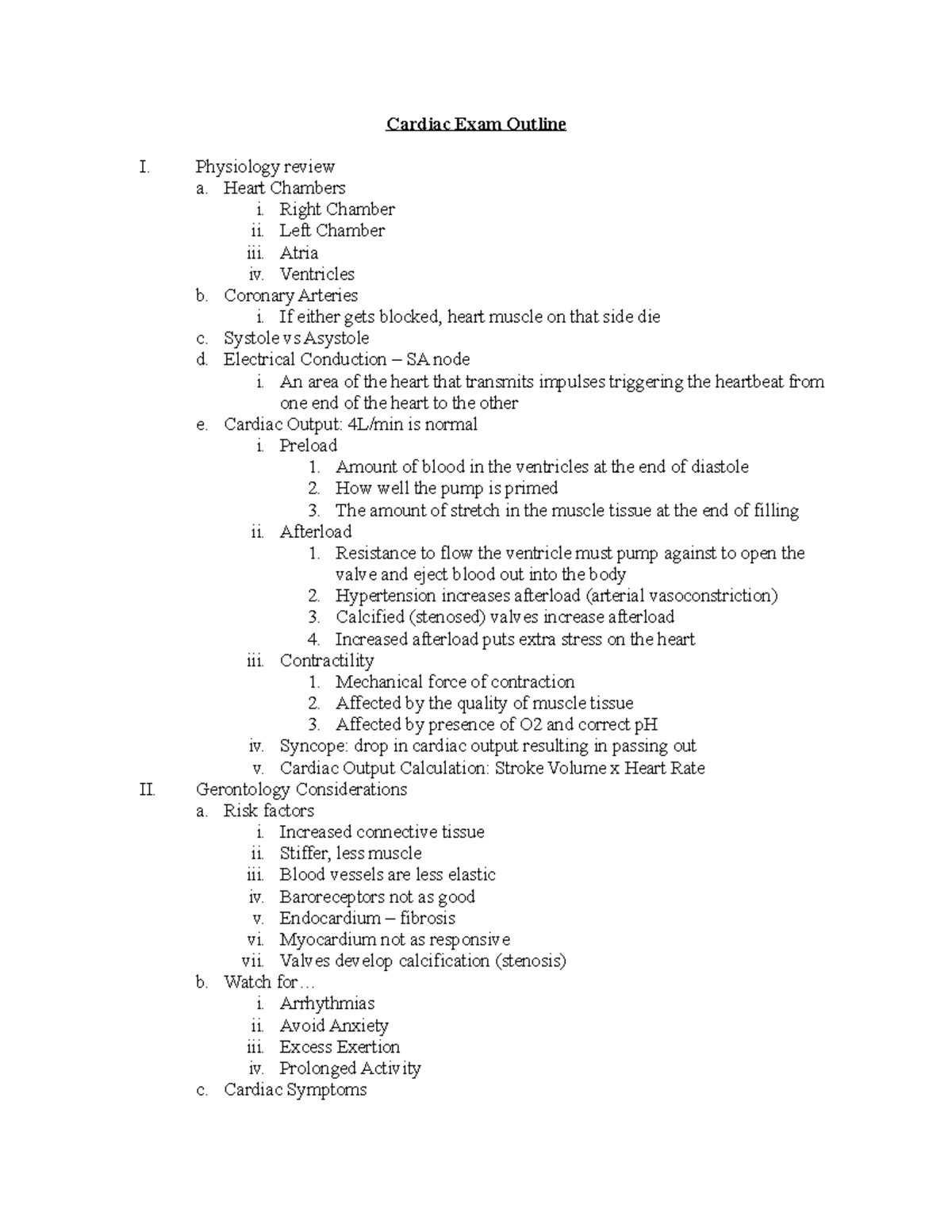 Cardiovascular Nursing Outline - Cardiac Exam Outline I. Physiology ...