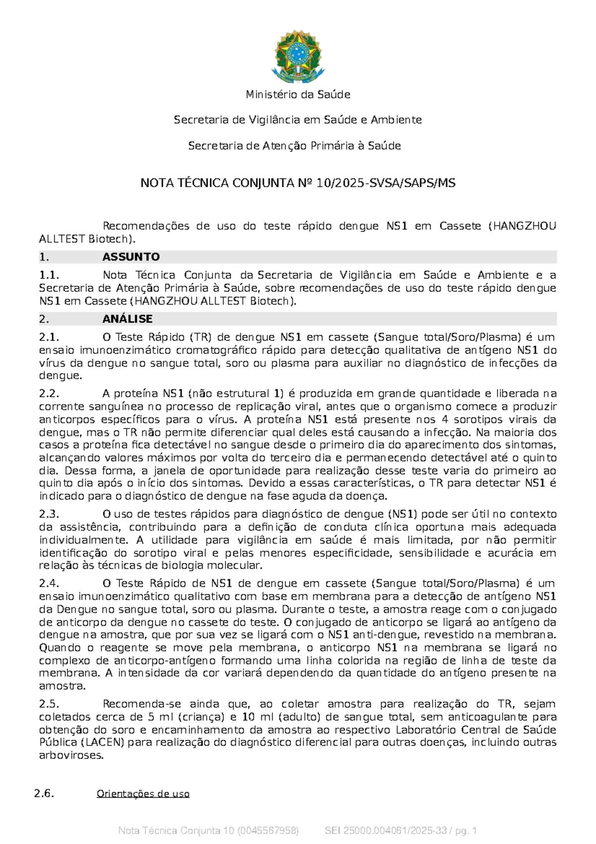 Nota Técnica Conjunta nº 10/2025: Recomendações para Teste Rápido ...