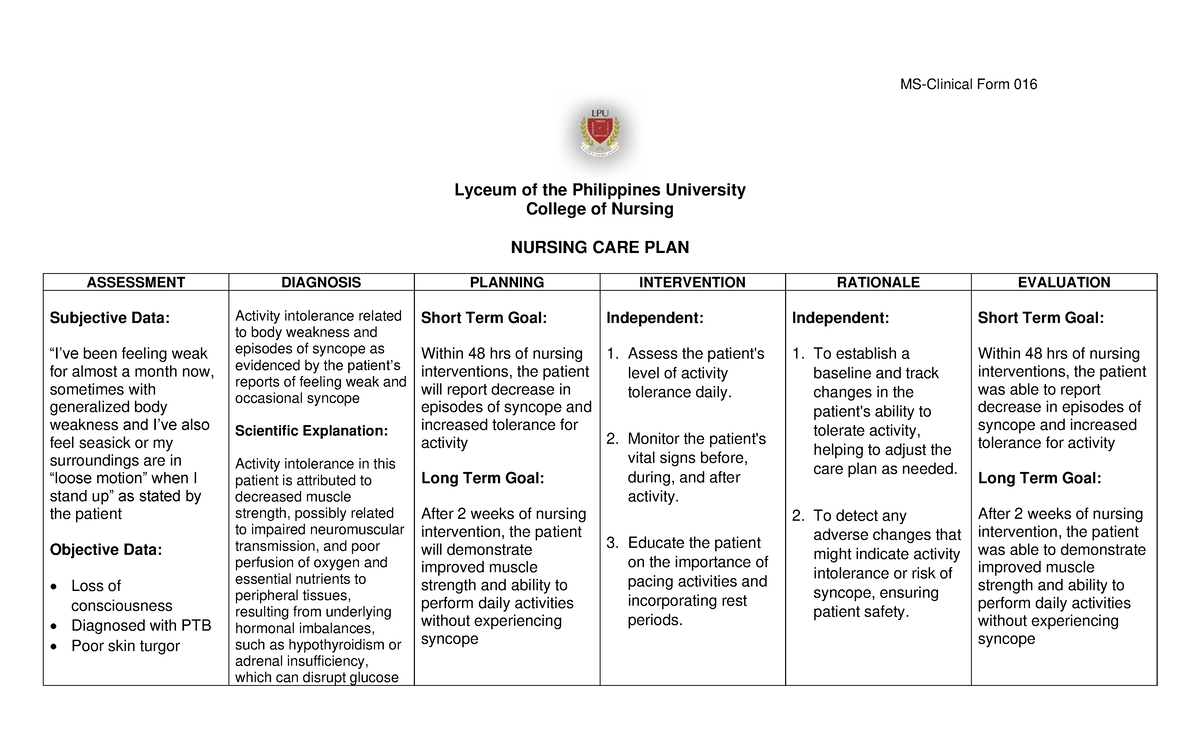 NURS 016 Nursing Care Plan: Activity Intolerance Assessment ...
