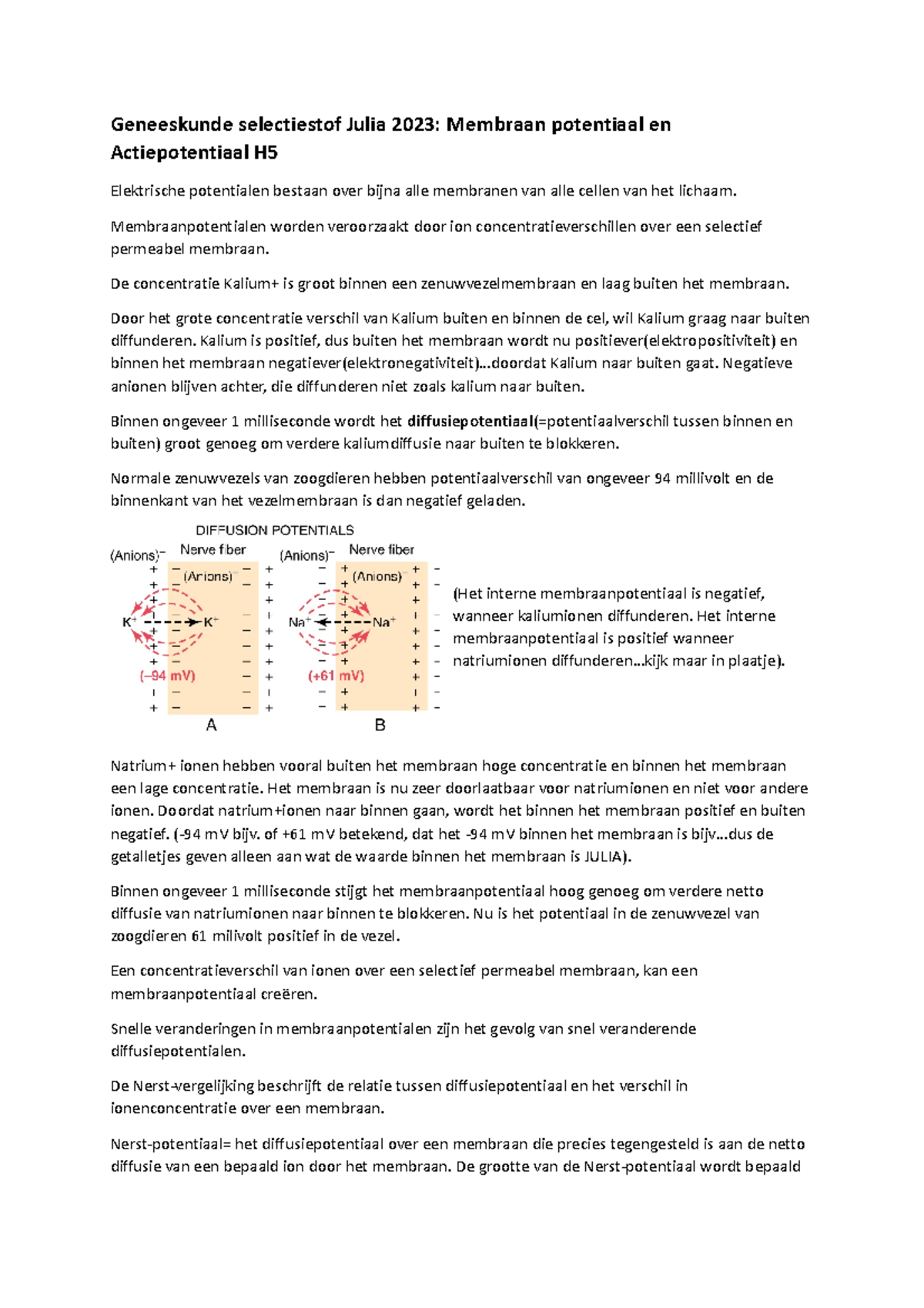 H5 Geneeskunde Les: Membraan en Actiepotentiaal in Zenuwcellen ...