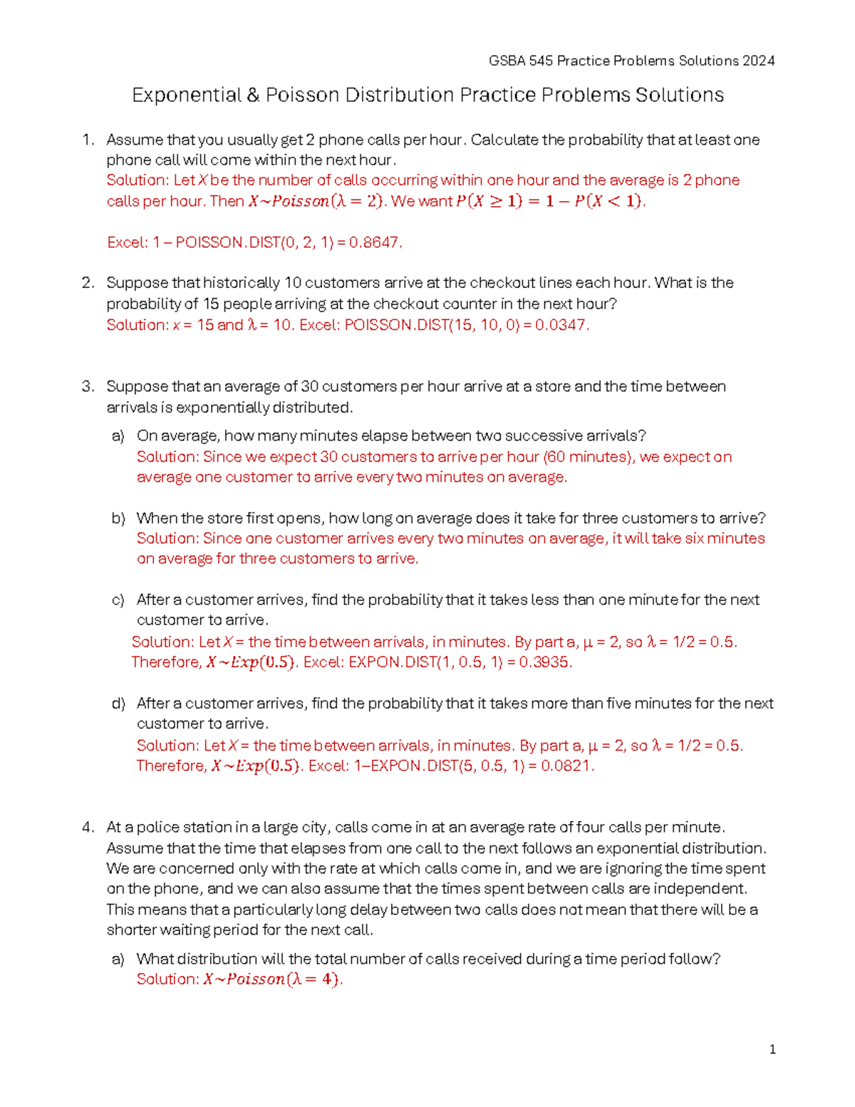 GSBA 545 Exponential & Poisson Distribution Practice Solutions 2024 - Studocu