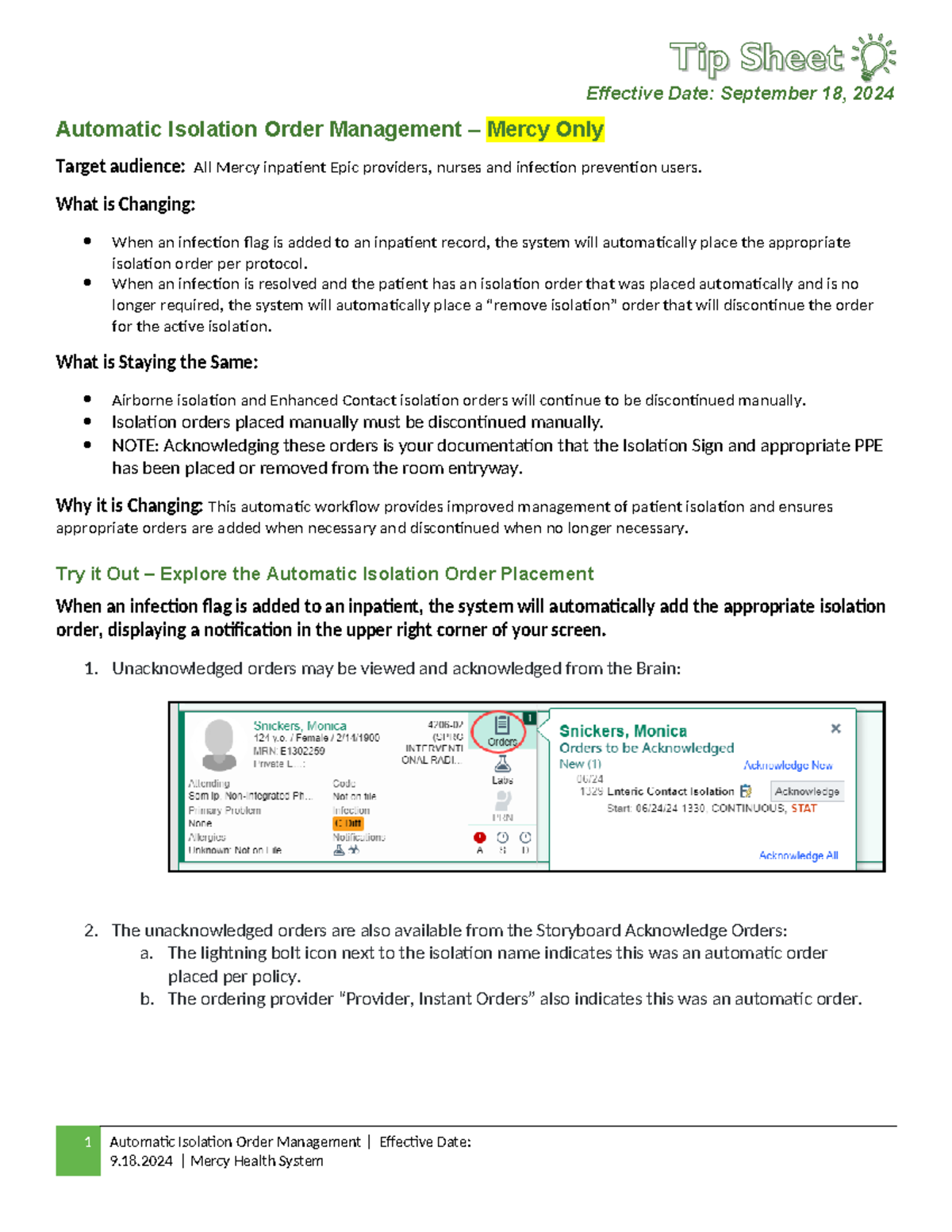 Automatic Isolation Order Management Tip Sheet - Mercy Epic Updates ...