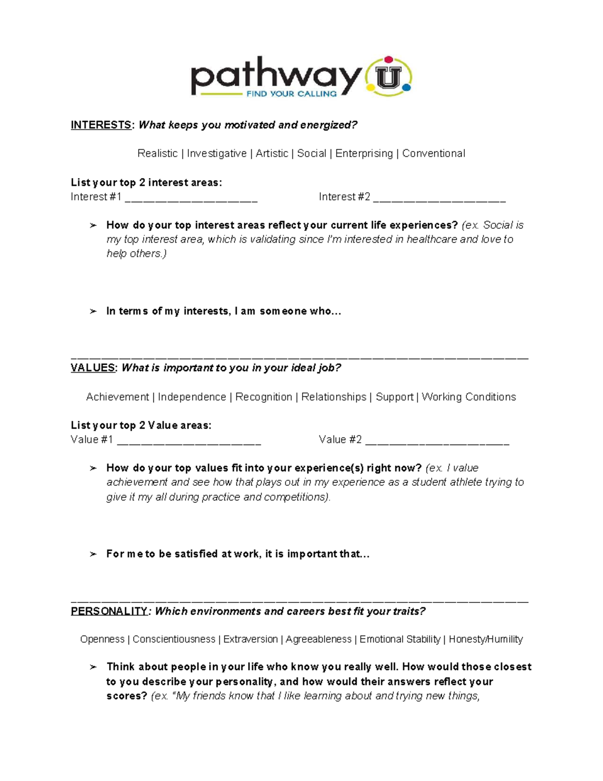 2024 Pathway U Worksheet: Exploring Interests, Values, and Career ...