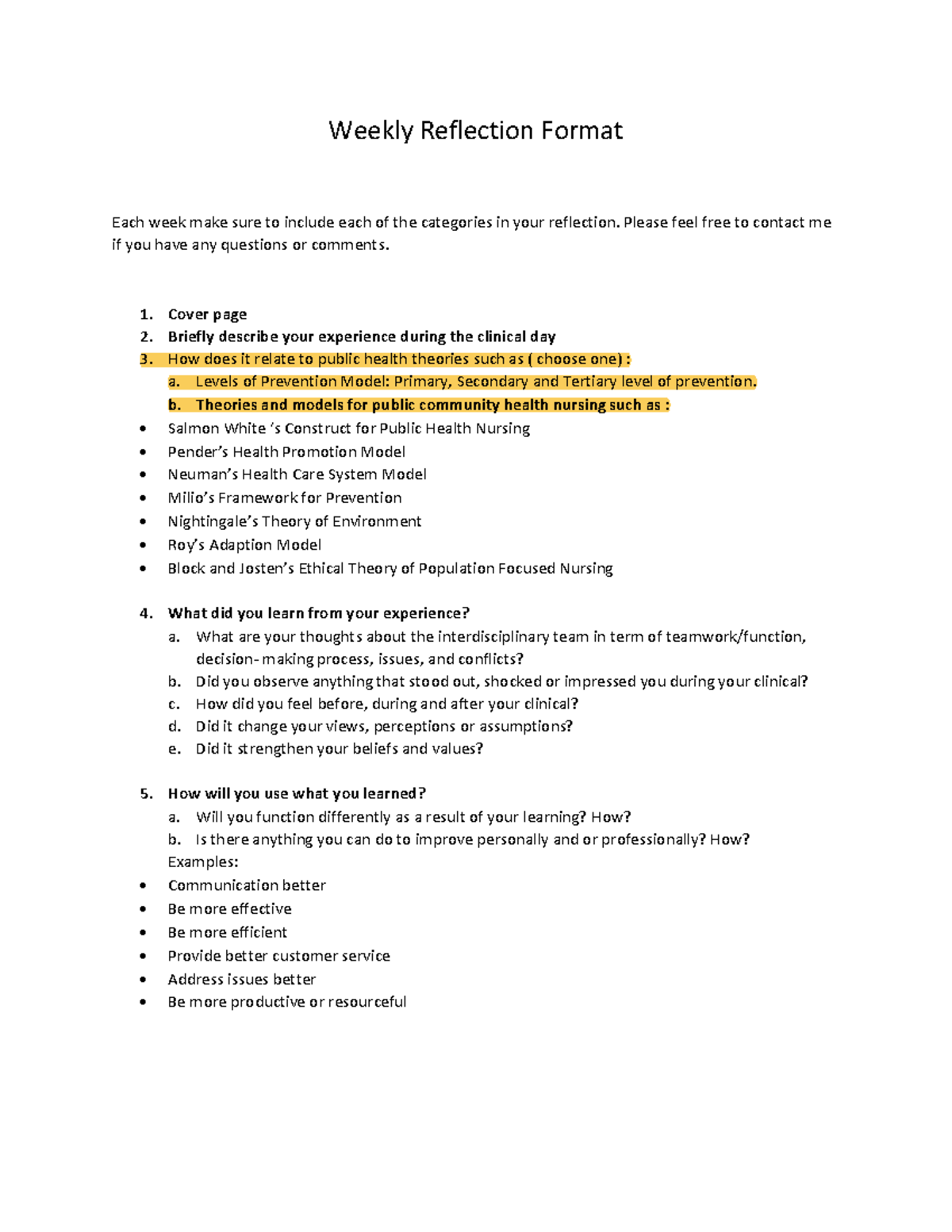 Weekly Reflection Guidelines for Public Health Clinical Experience ...