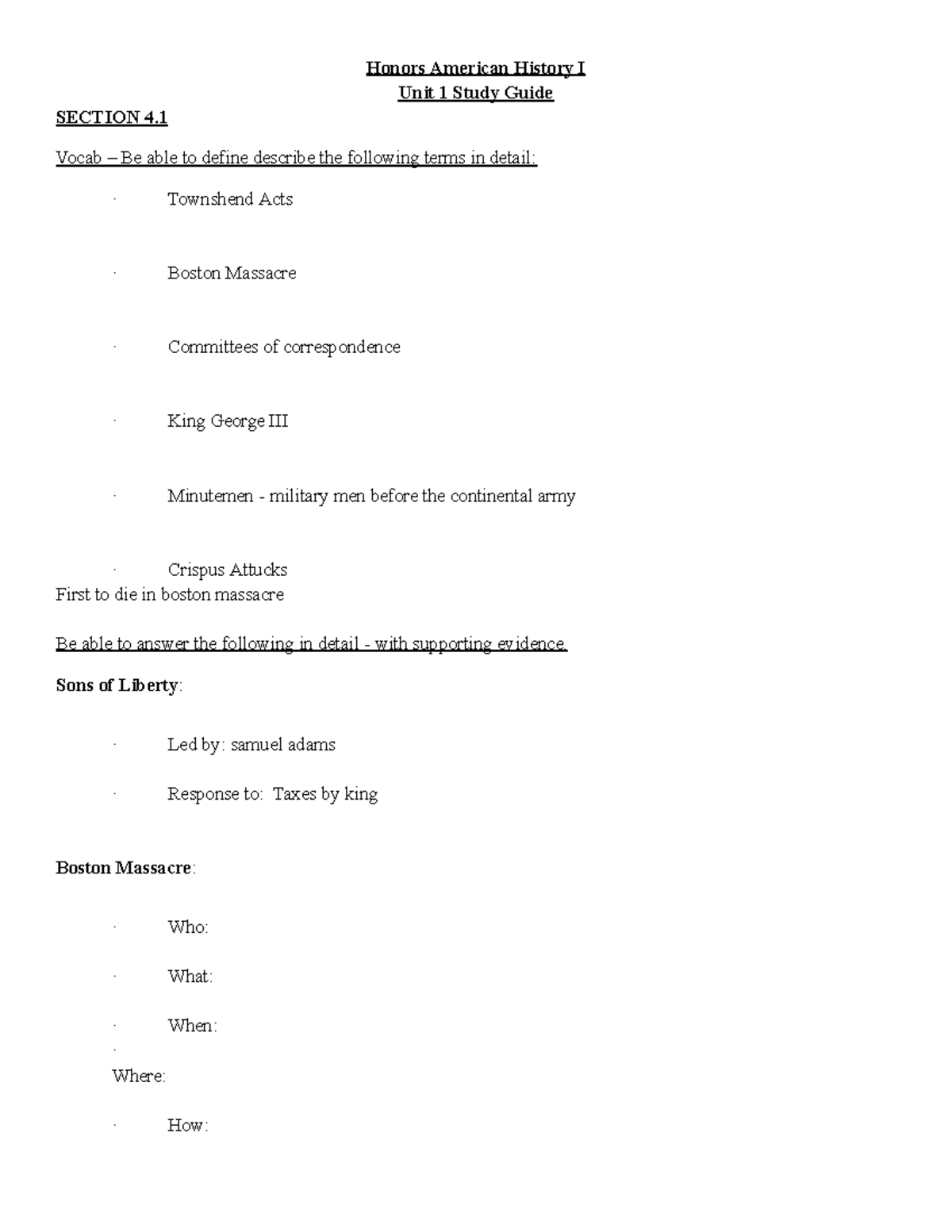 Honors American History I - Unit 1 Study Guide and Key Concepts - Studocu