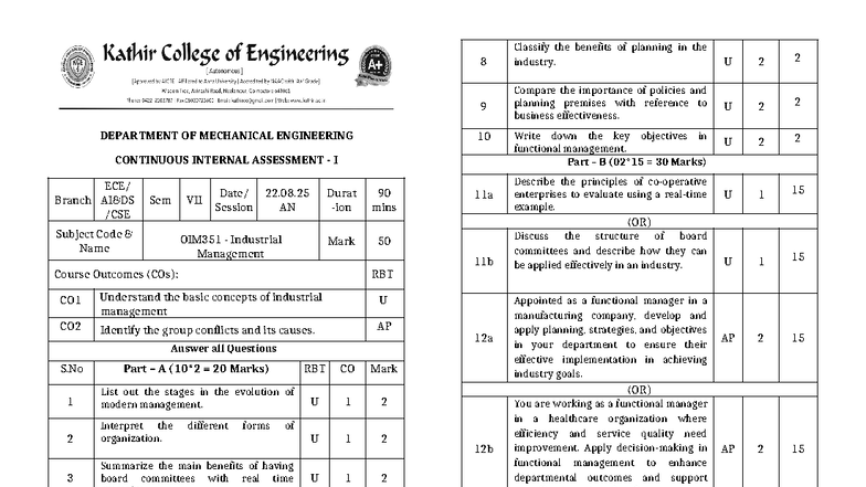 CIA-1 OIM351 Industrial Management Question Paper Set 2 - Studocu
