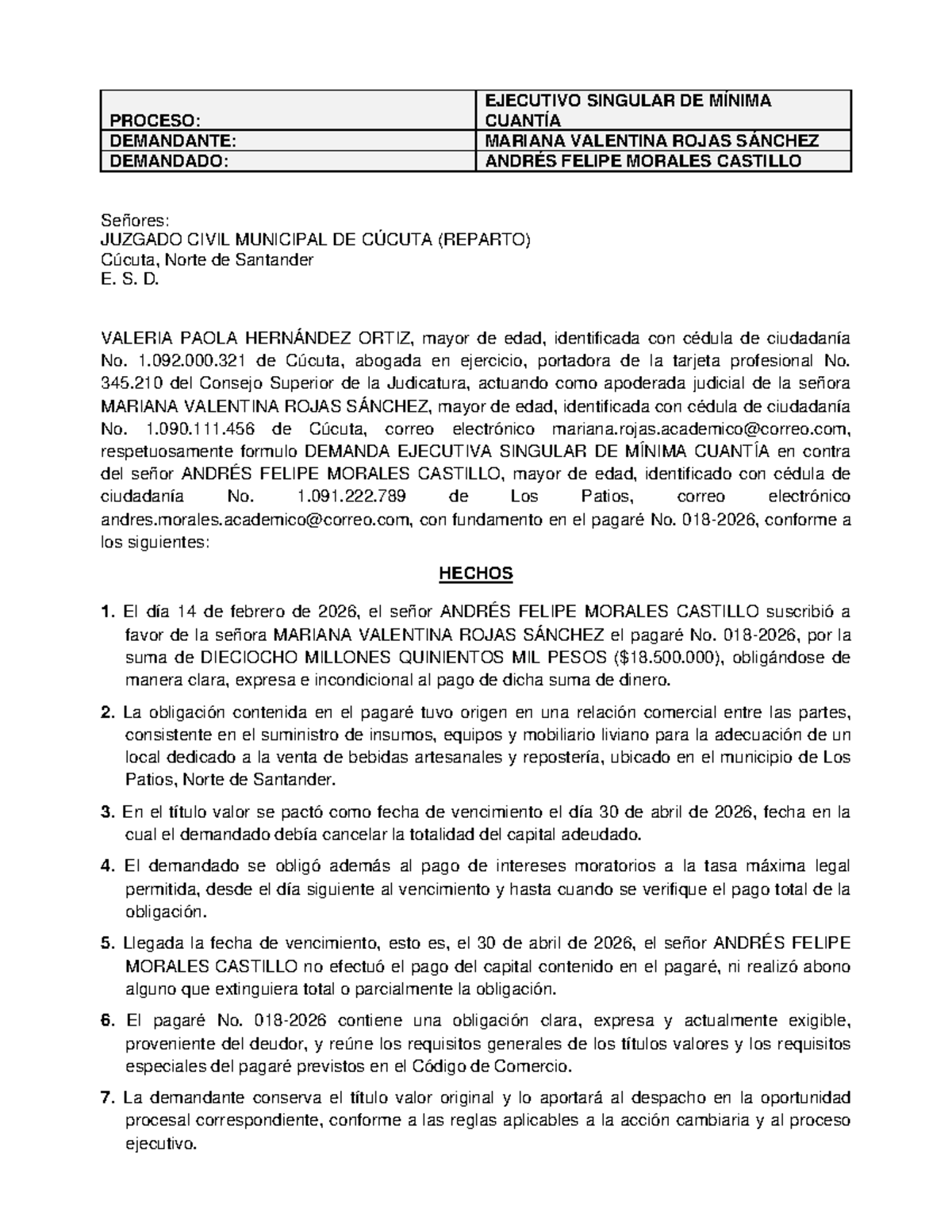 Demanda Ejecutiva Singular de Mínima Cuantía - Proceso 2026 - Studocu