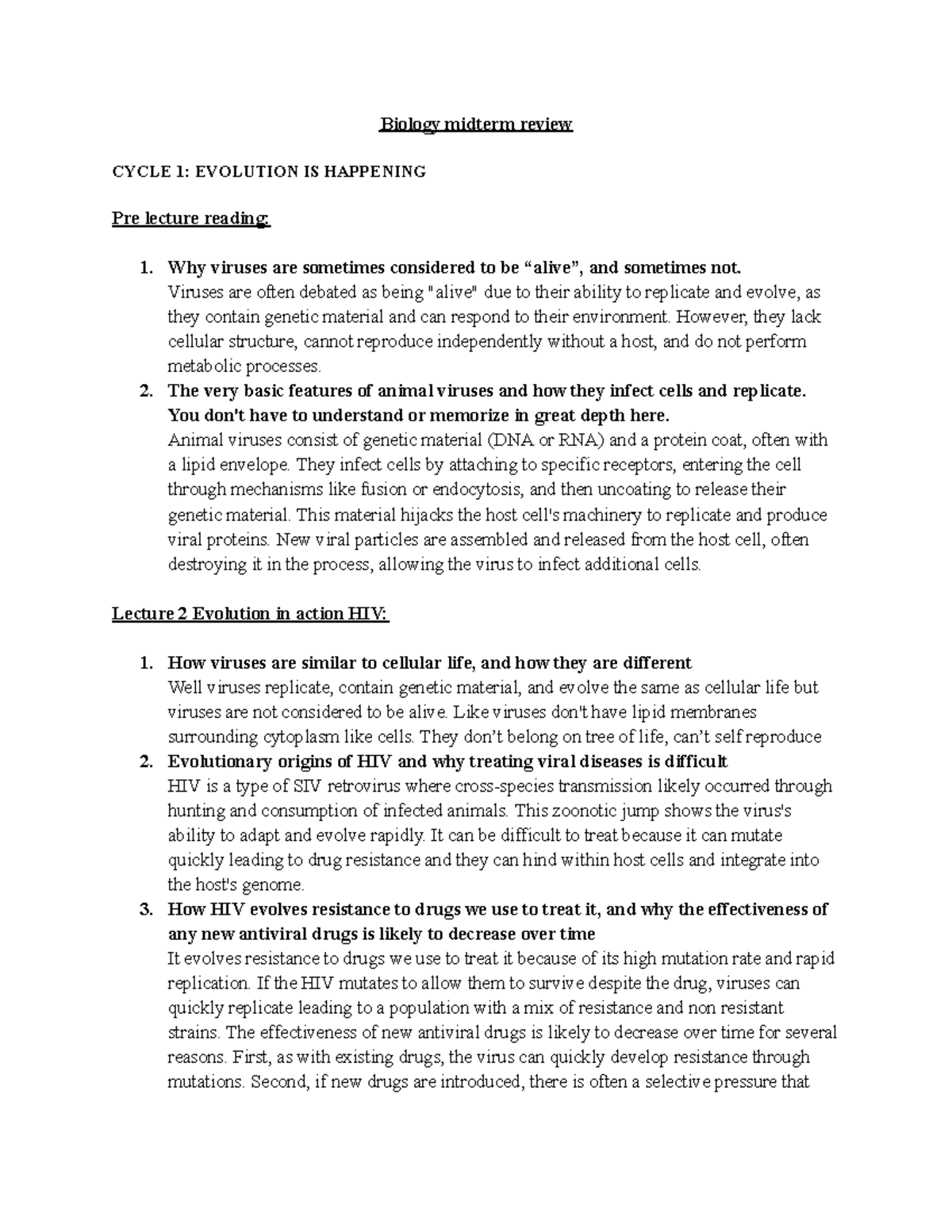 BIO-midterm prep - midterm prep - Biology midterm review CYCLE 1 ...