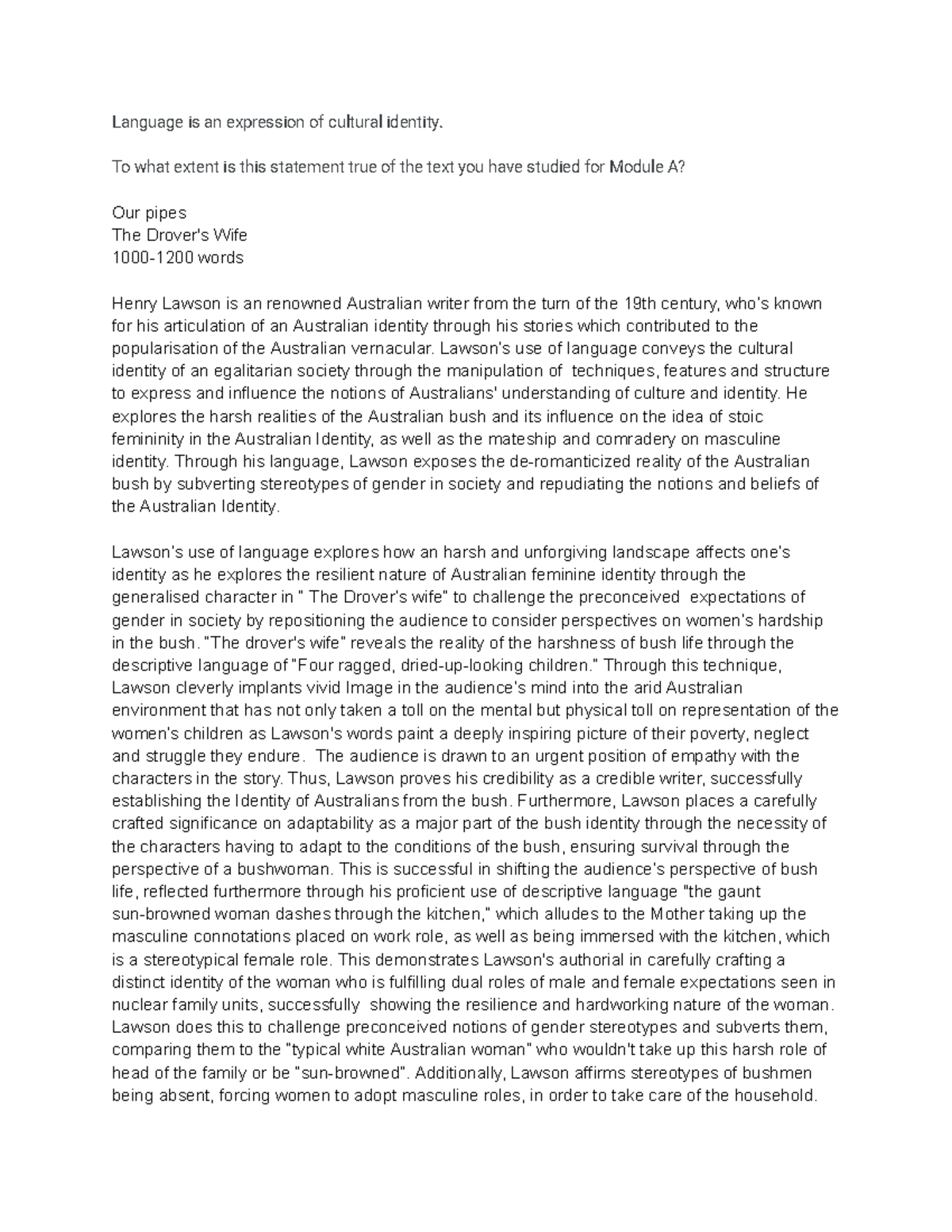 Henry Lawson - Cultural Identity in "The Drover's Wife" Essay (Module A ...