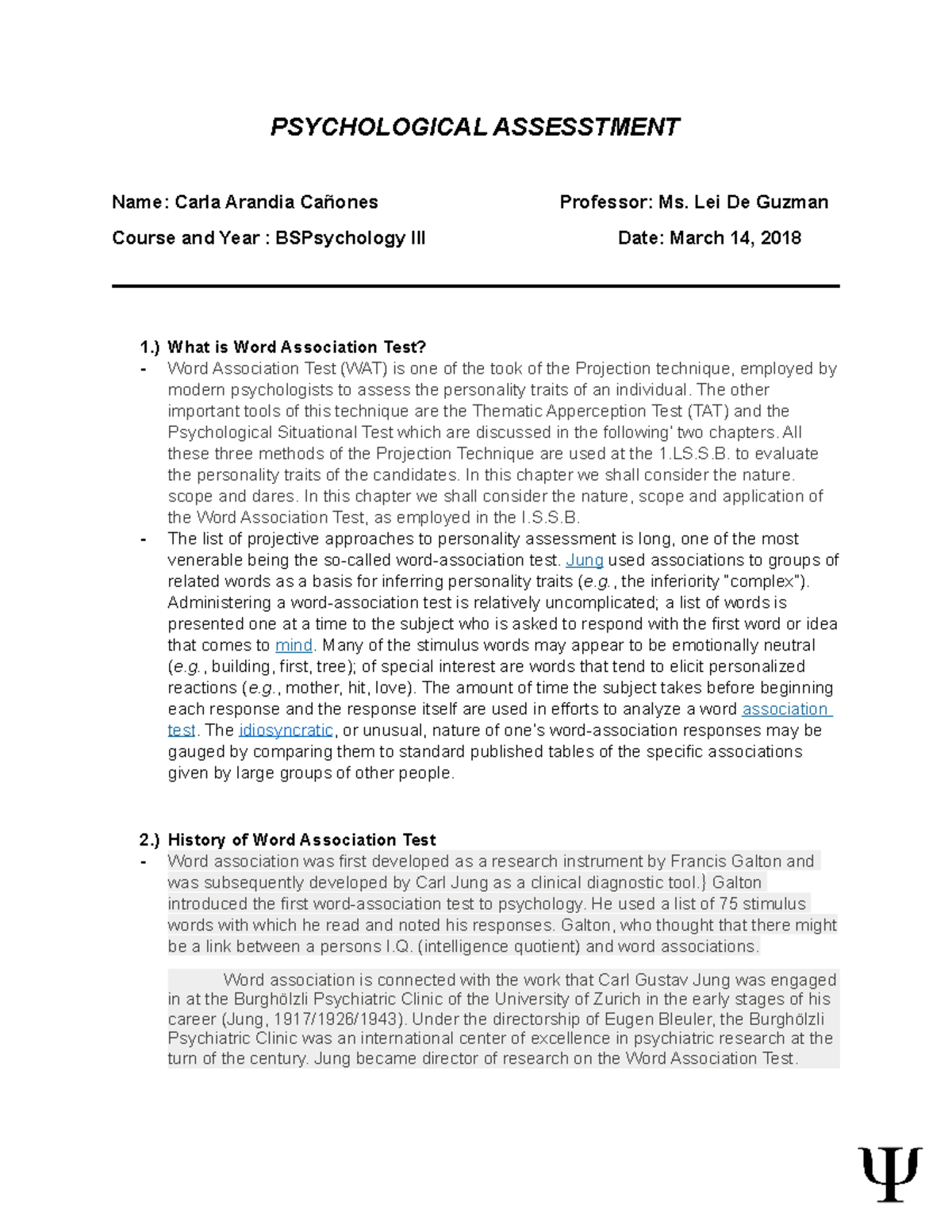 Word Association Test - Psychological Assessment - PSYCHOLOGICAL ...