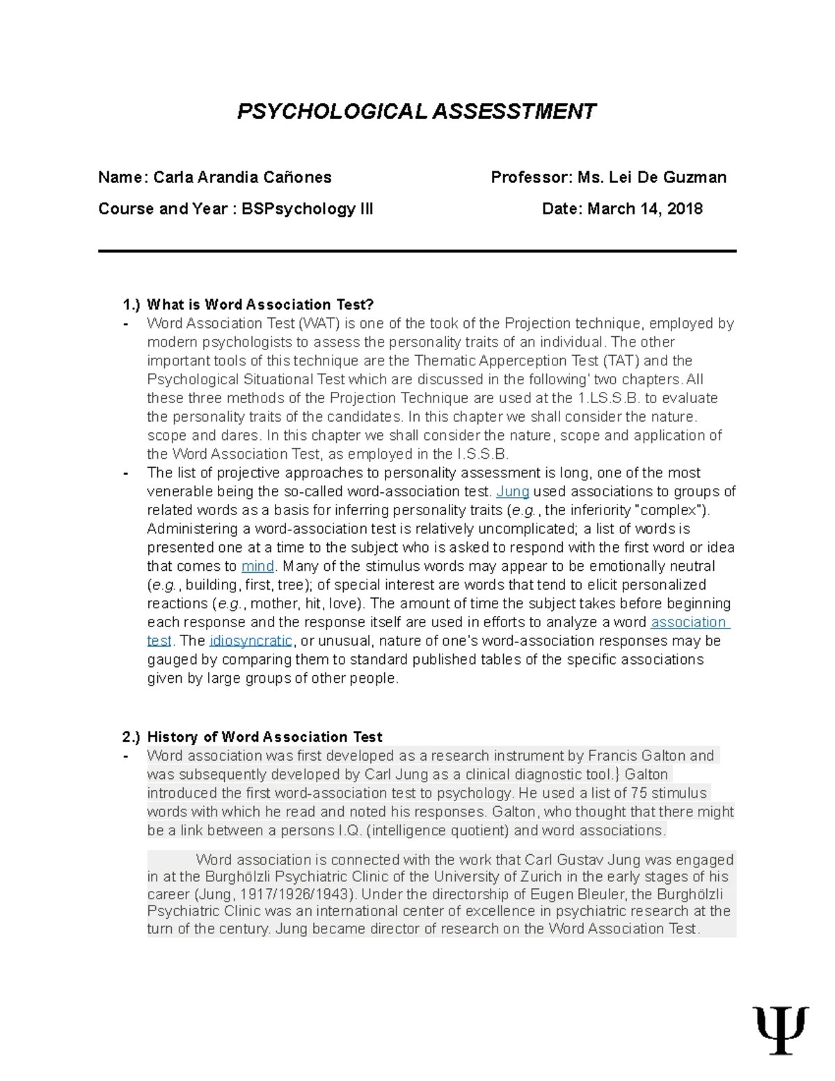 Word Association Test - Psychological Assessment - PSYCHOLOGICAL ...
