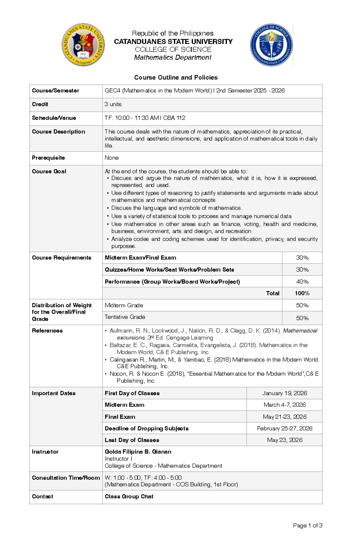 Course Outline: GEC4 Mathematics in the Modern World - 2nd Sem SY 2025 ...