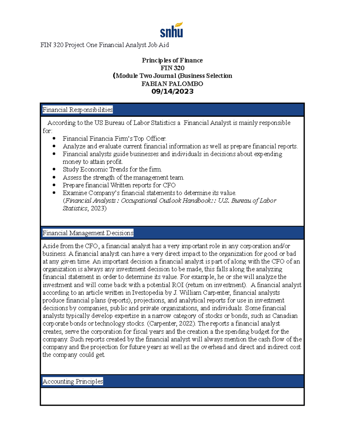 FIN 320 Project One: Financial Analyst Job Aid & Key Concepts - Studocu