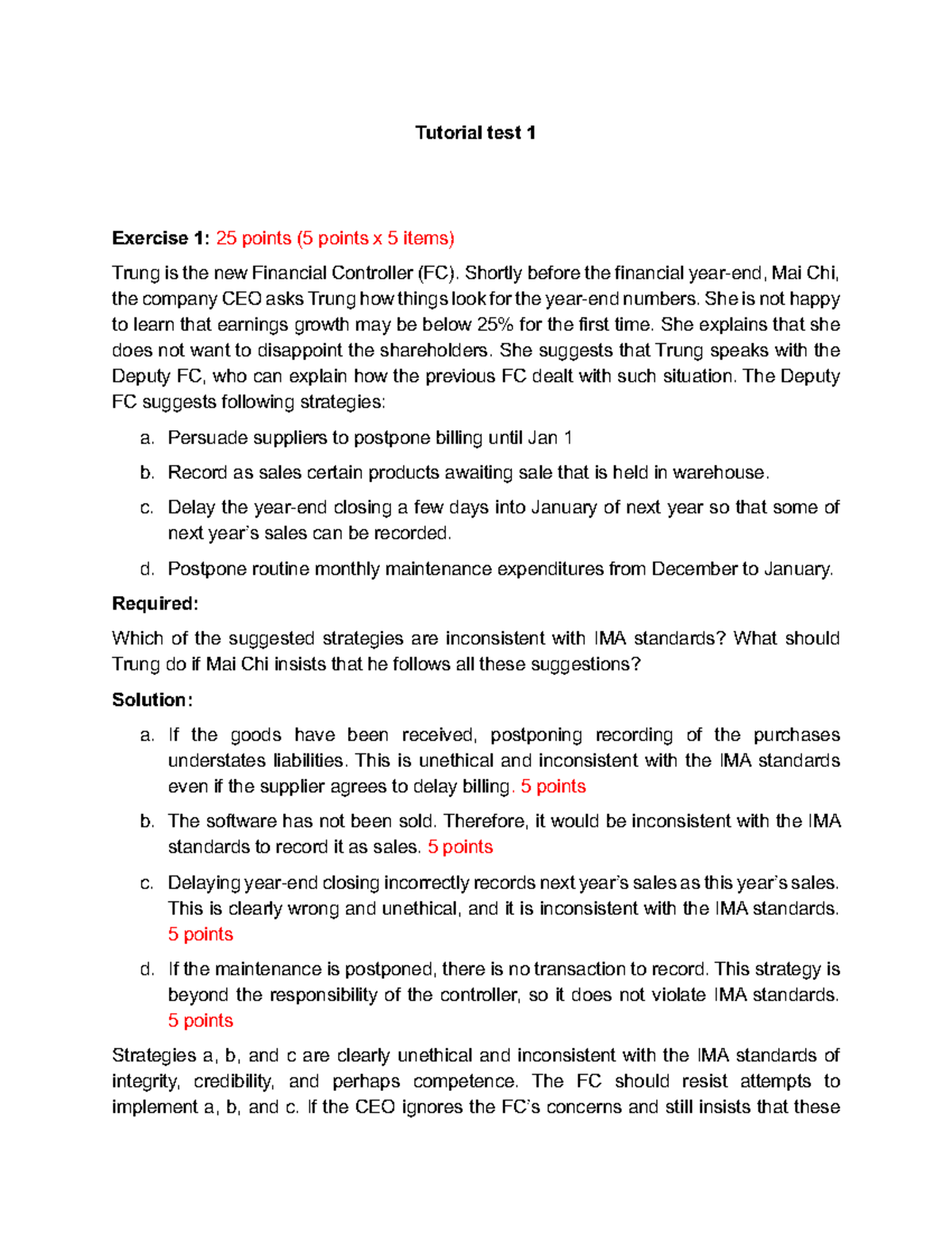 Financial Management Tutorial Test 1: Ethical Standards Analysis - Studocu