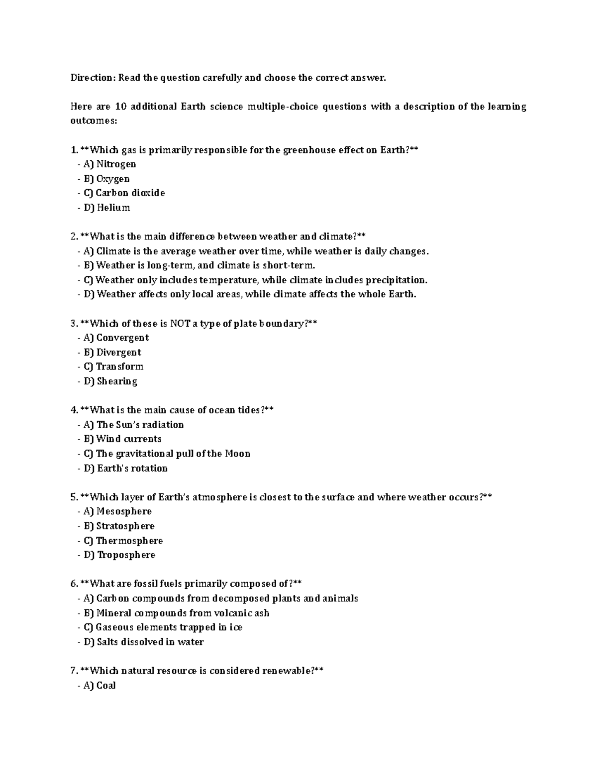 SAA9 - Earth Science Quiz: 10 Questions on Key Concepts - Studocu